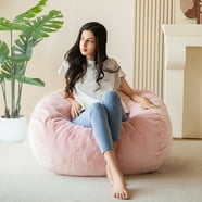 Chenille Upholstered Round Lazy Cozy Bean Bag Chair with Ottoman-Beige ...