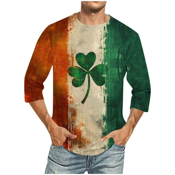 Goodtrade8 3/4 Sleeve St Patricks Day Mens Shirt Big and Tall Casual Green Crew Neck Graphic Tee ...