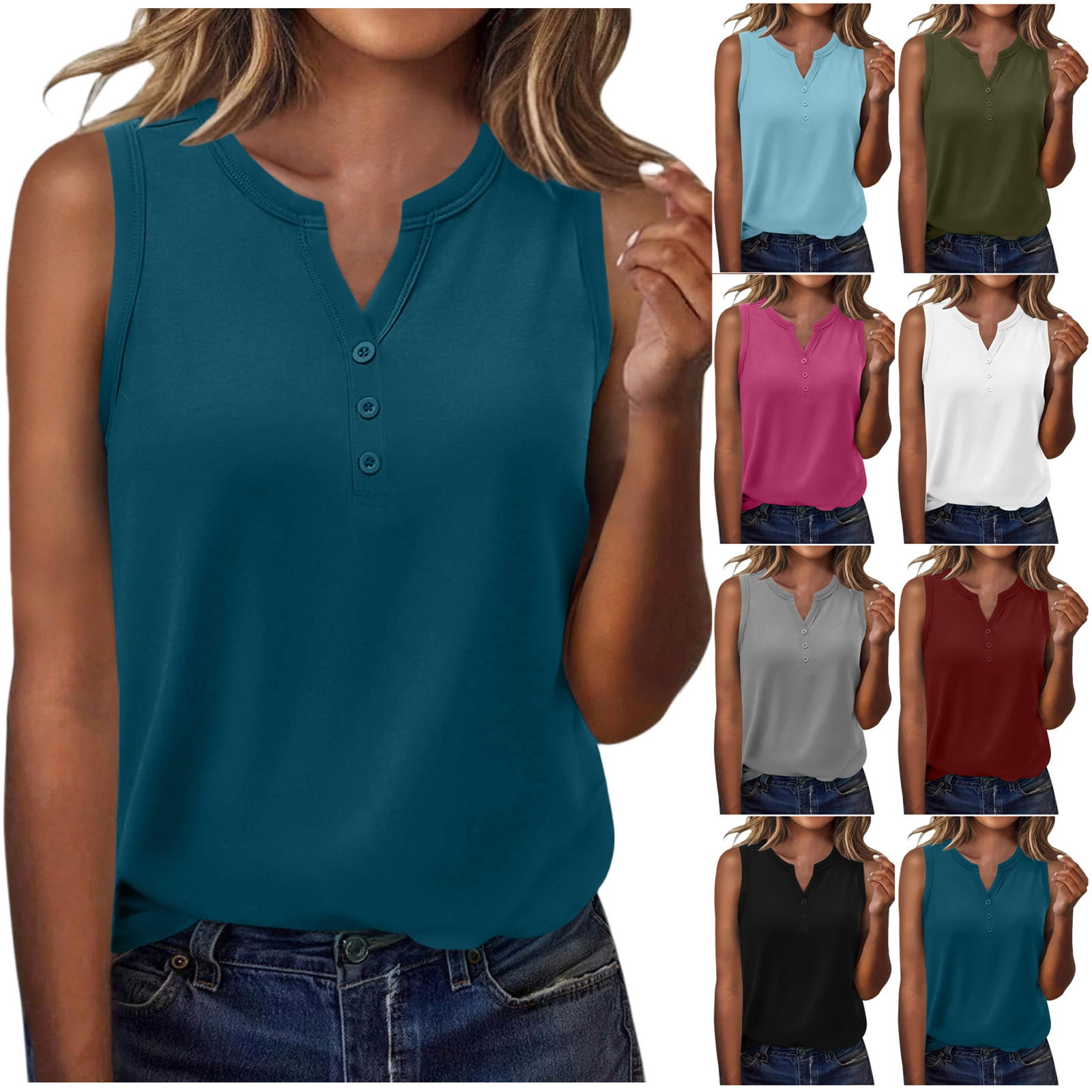 Goodtrade8 Black Tanks for Women Sleeveless Pullover Tshirts Button up ...