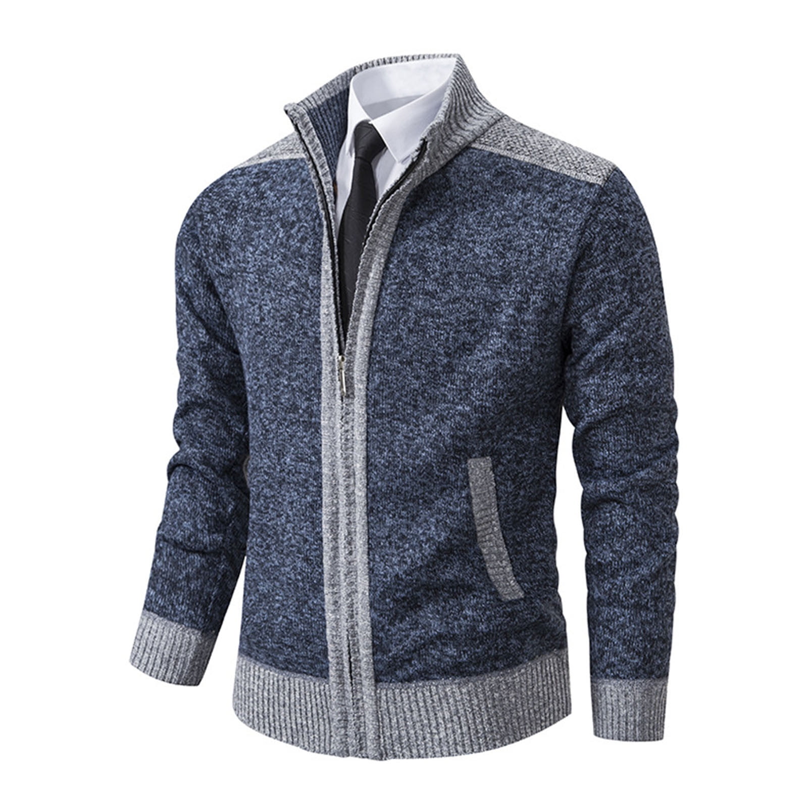Goodtrade8 Jackets for Men Winter Zip up Color Block Shirt Jacket Blue ...