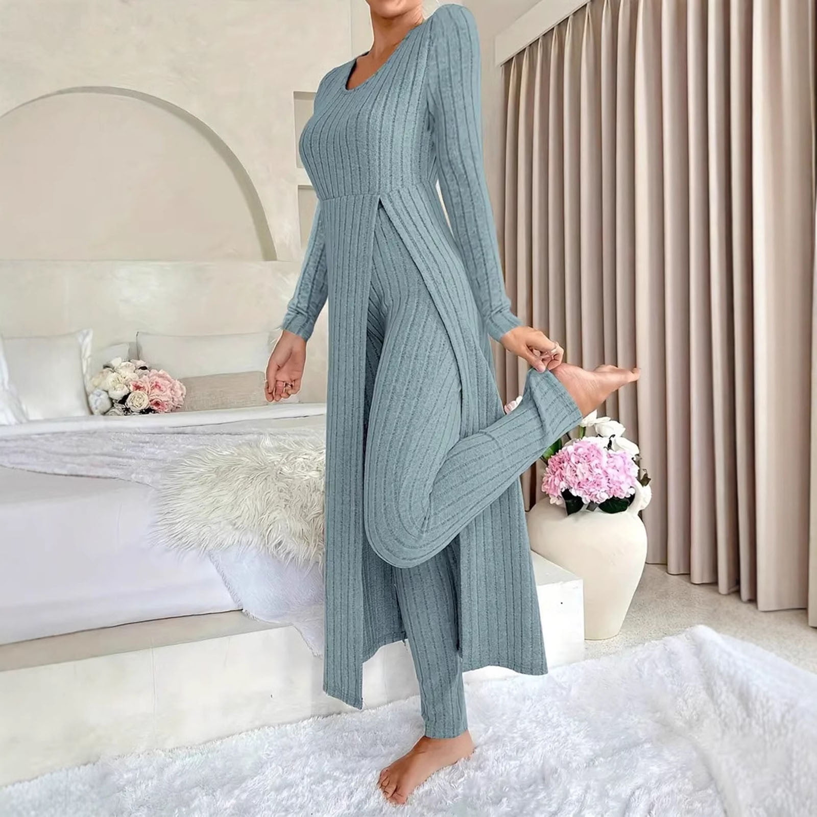 Goodtrade8 Lightweight Pajama Sets 2 Piece Soft Solid Color Long Sleeve ...