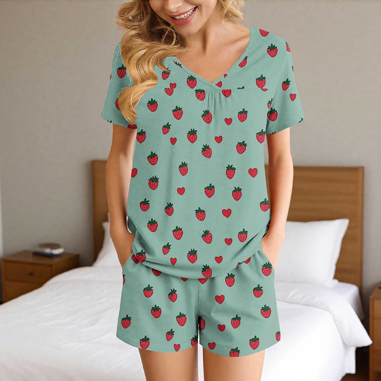 Goodtrade8 Pocket Pajama Sets for Women Petite Short Sleeve V-Neck ...