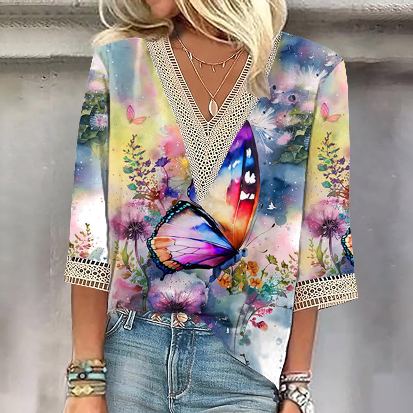 Goodtrade8 Printed Winter Tops for Women Plus Size 3/4 Sleeve Casual V ...