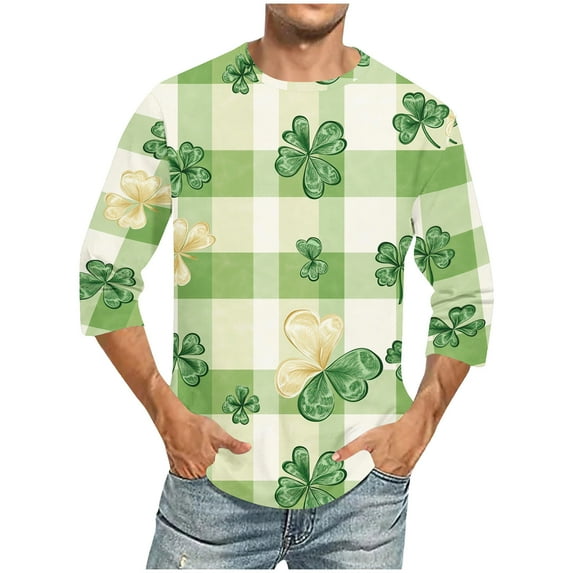 Goodtrade8 St Patricks Mens Shirts Big and Tall 3/4 Sleeve Graphic Tee Clover Casual Crew Neck ...