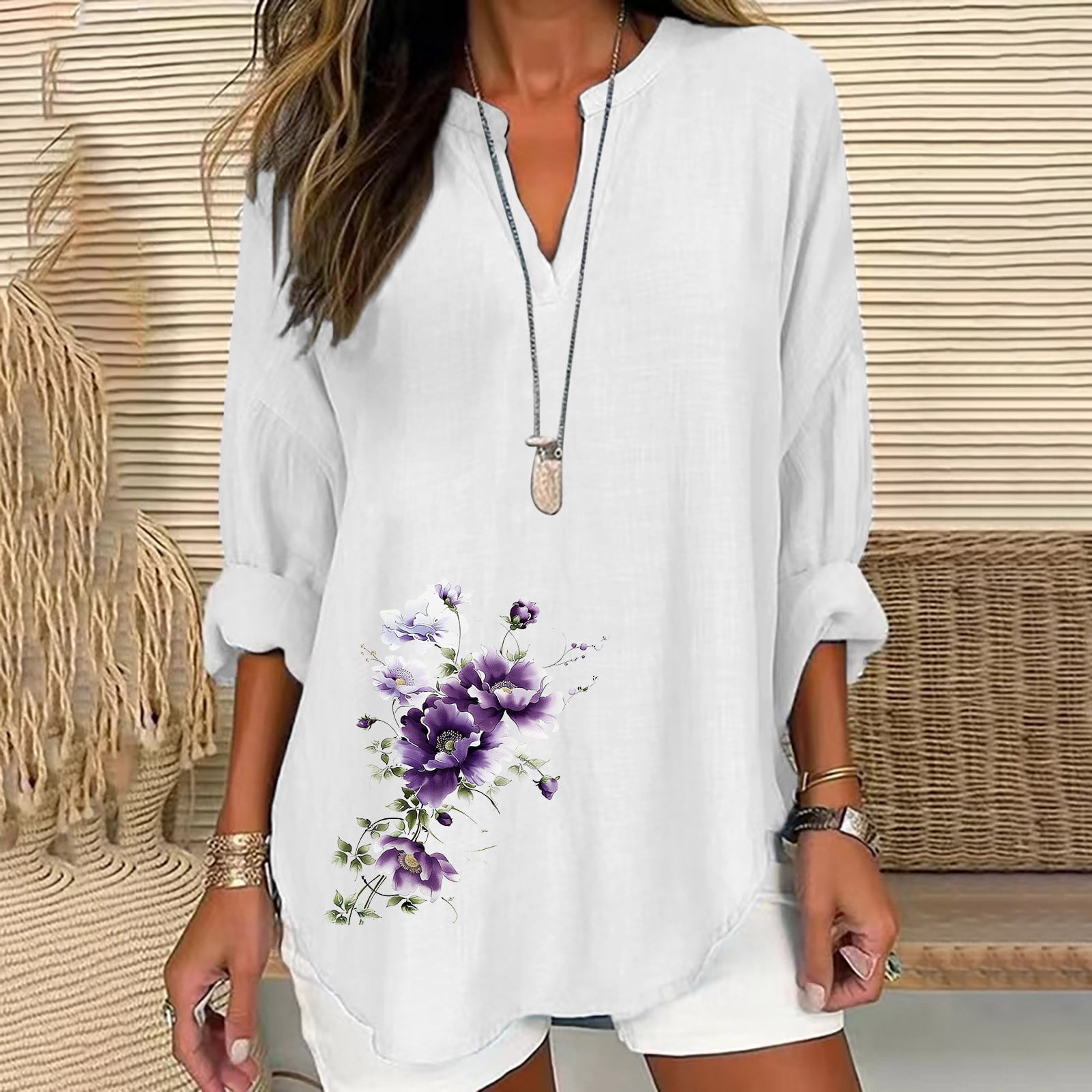 Goodtrade8 Tunic Tops for Womens Outing White Long Sleeve V-Neck Floral ...