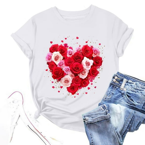 Goodtrade8 Valentines Womens Shirts Heart Short Sleeve Women Valentine ...