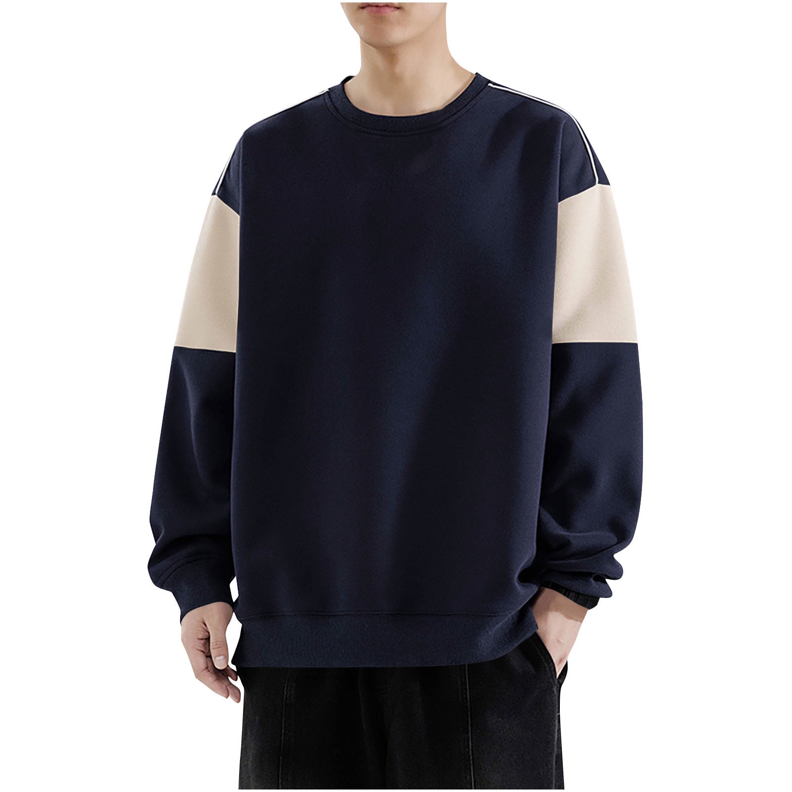 Goodtrade8 Winter Tops for Men Casual Long Sleeve Color Block Crew Neck ...