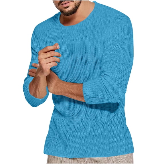Goodtrade8 Winter Tops for Men Solid Color Casual Long Sleeve Crew Neck ...