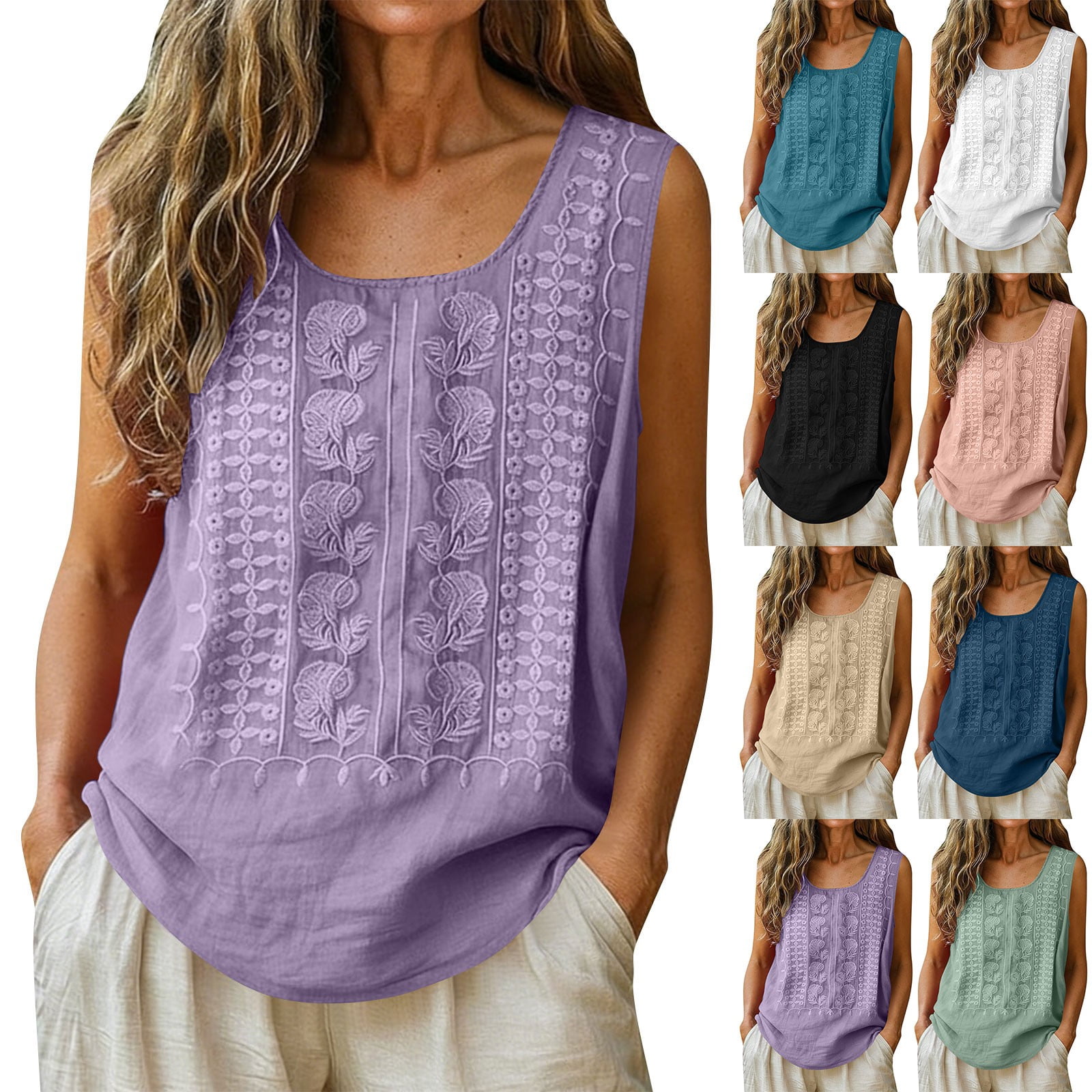 Goodtrade8 Women's White Tank Tops Cotton Linen Sleeveless Pullover ...