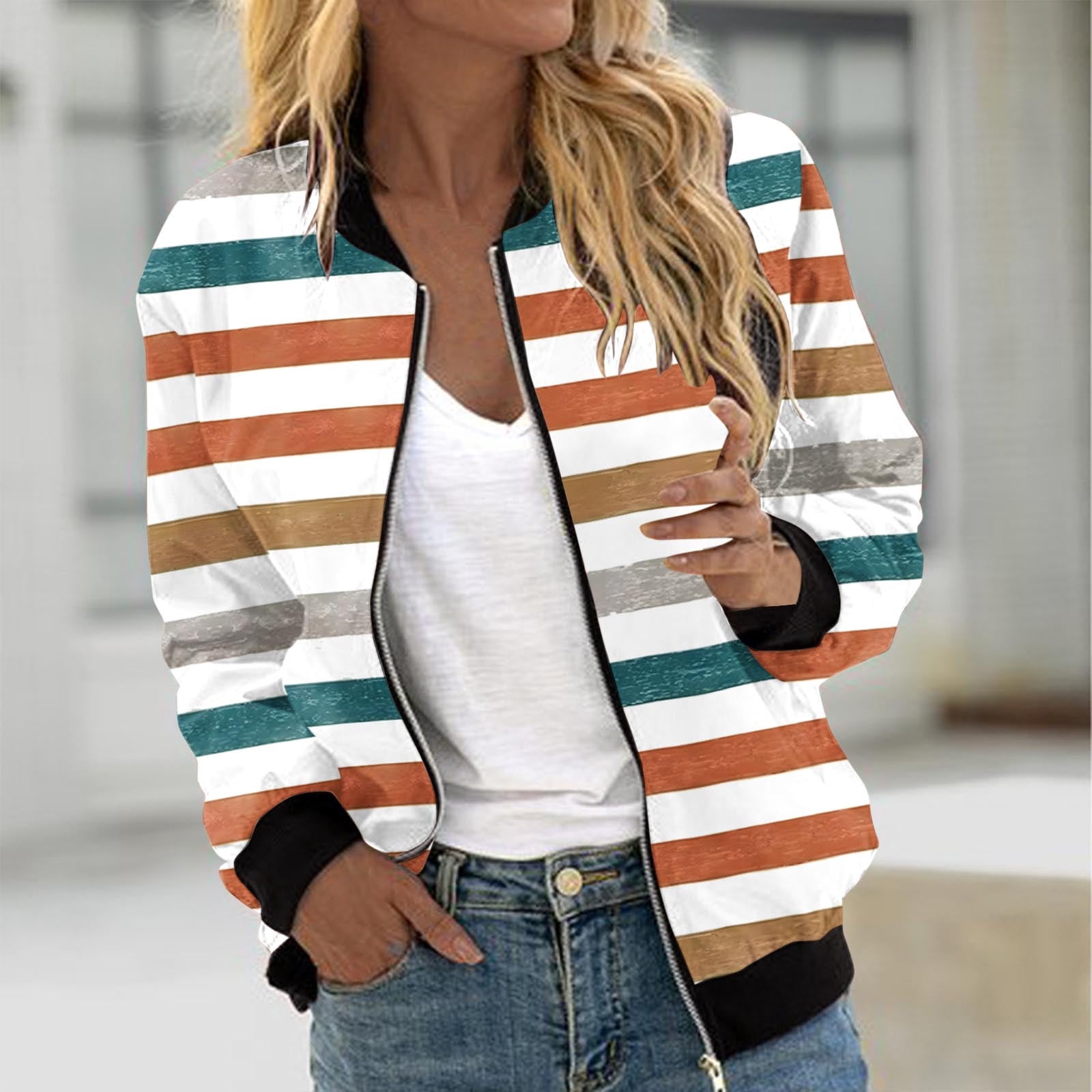 Goodtrade8 Womens Coats Zip up Bomber Jacket Pocket Casual Striped ...