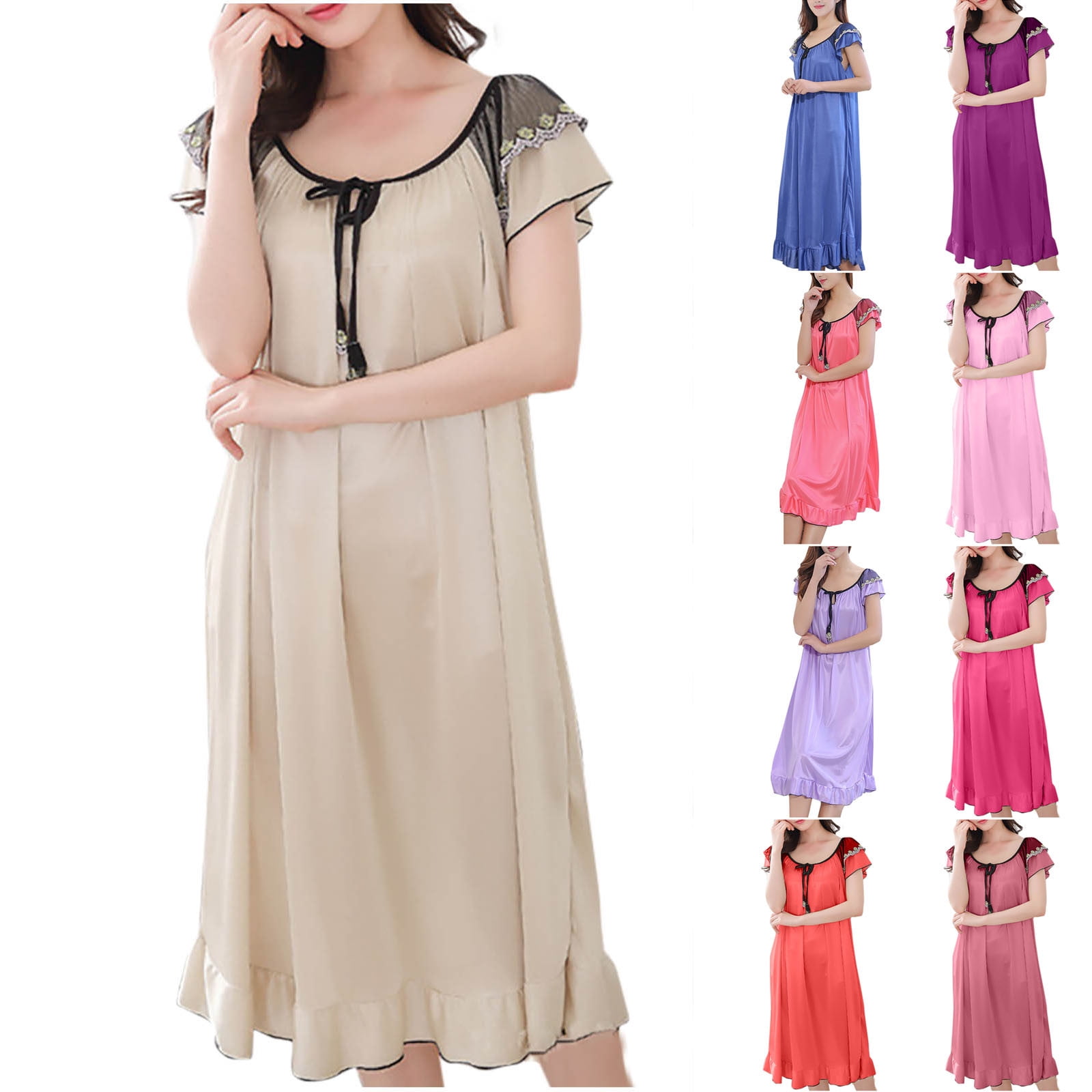 Goodtrade8 Womens Short Sleeve Long Nightgown Sleepwear Ice Slik ...