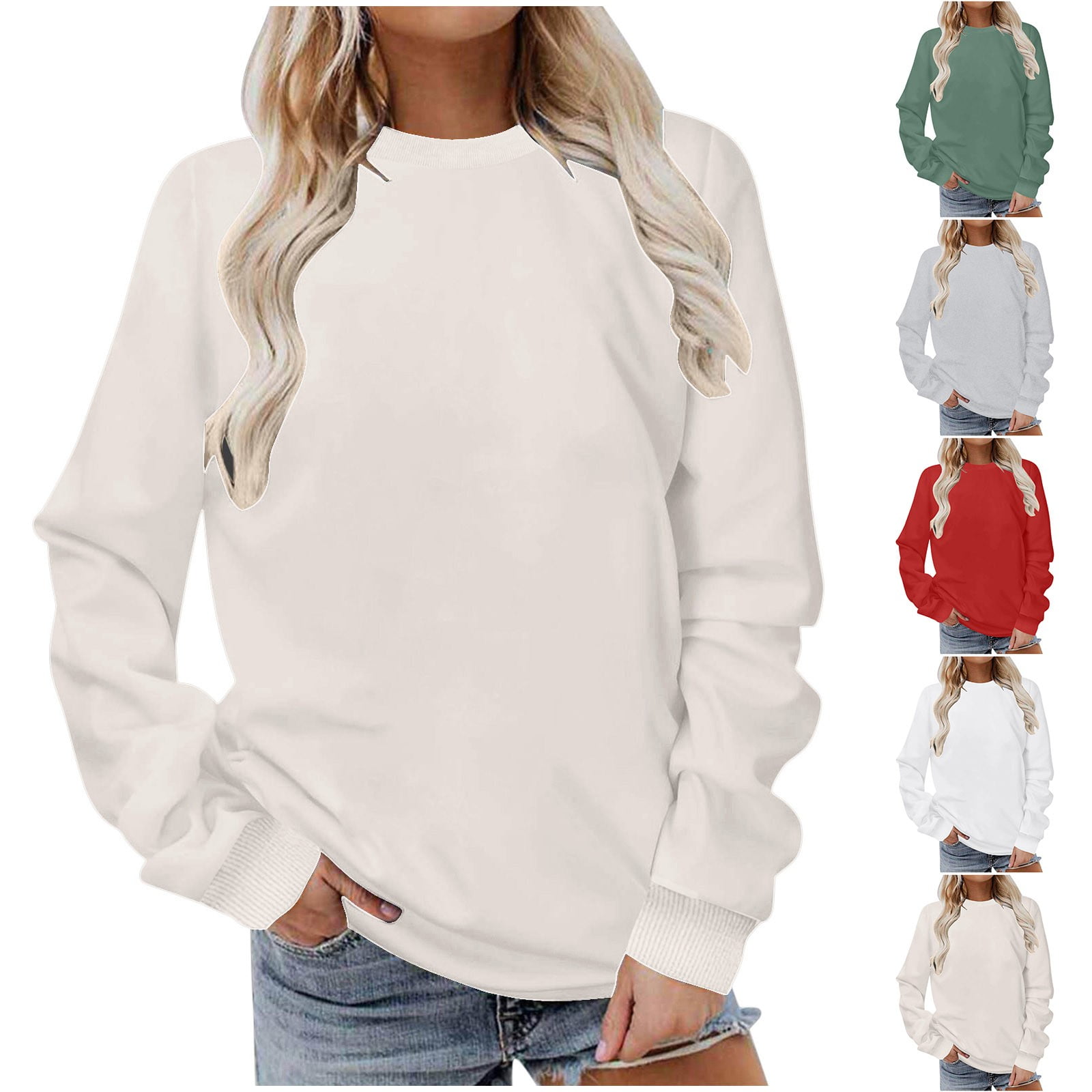 Goodtrade8 Womens Sweatshirts Plus Size Fleece Plain Long Sleeve Crew ...