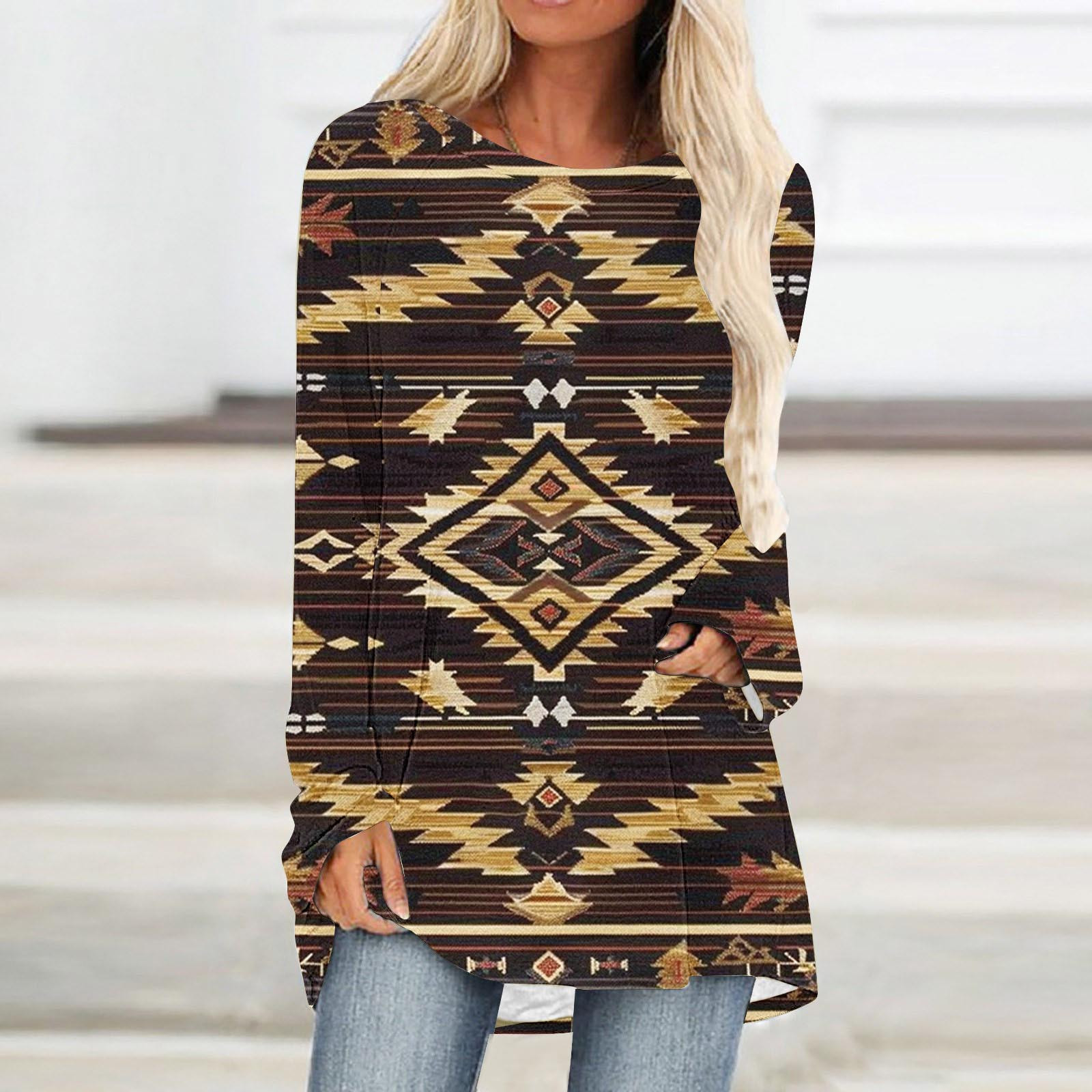 Goodtrade8 Womens Tops for Fall Casual Tunic Brown Printed Crew Neck ...
