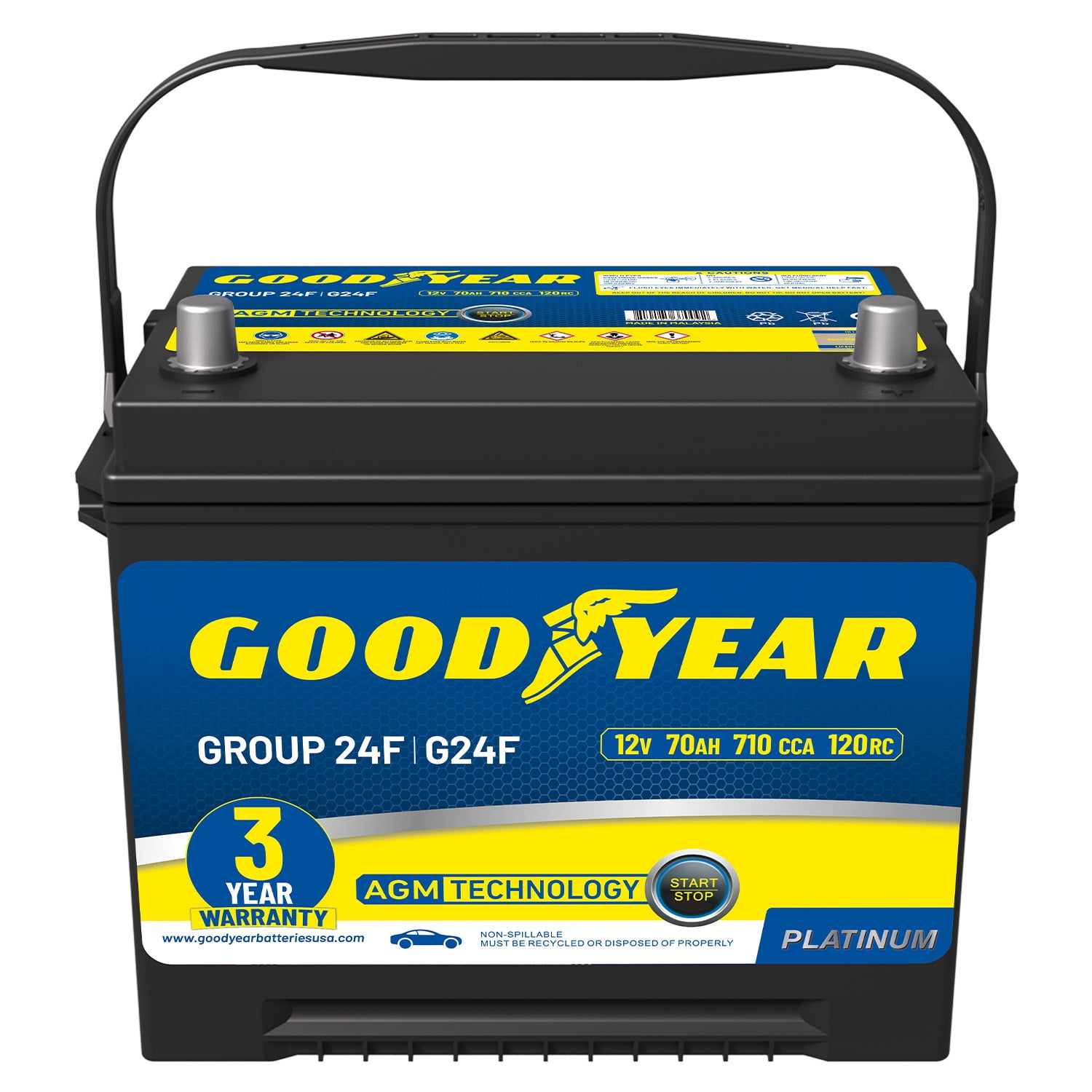 Goodyear 24F-AGM BCI Group Size 24F 12V 70 AH, 120RC, 710 CCA Platinum series Rechargeable AGM ...