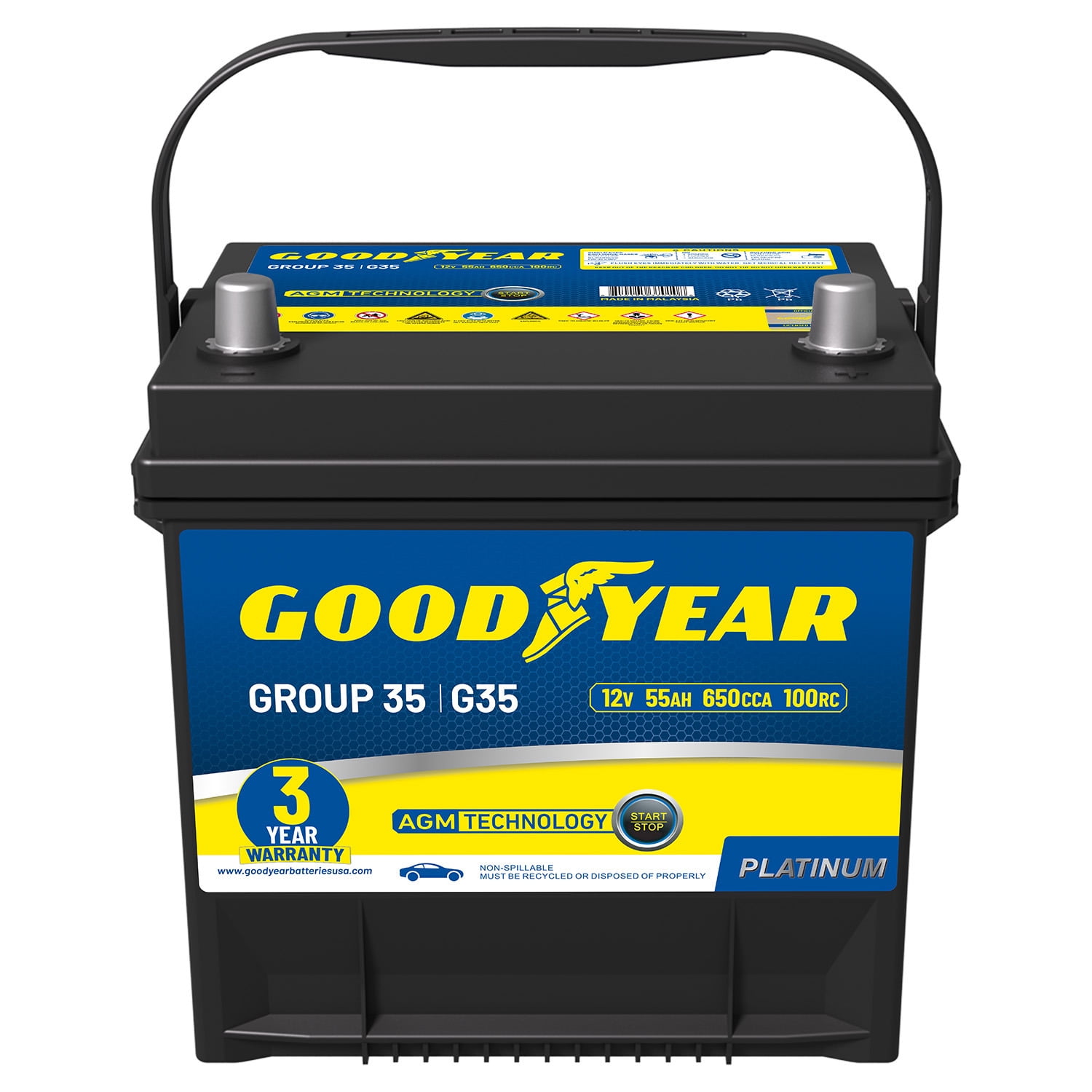 Goodyear 35-AGM BCI Group Size 35 12V 55 AH, 100RC, 650 CCA Platinum ...