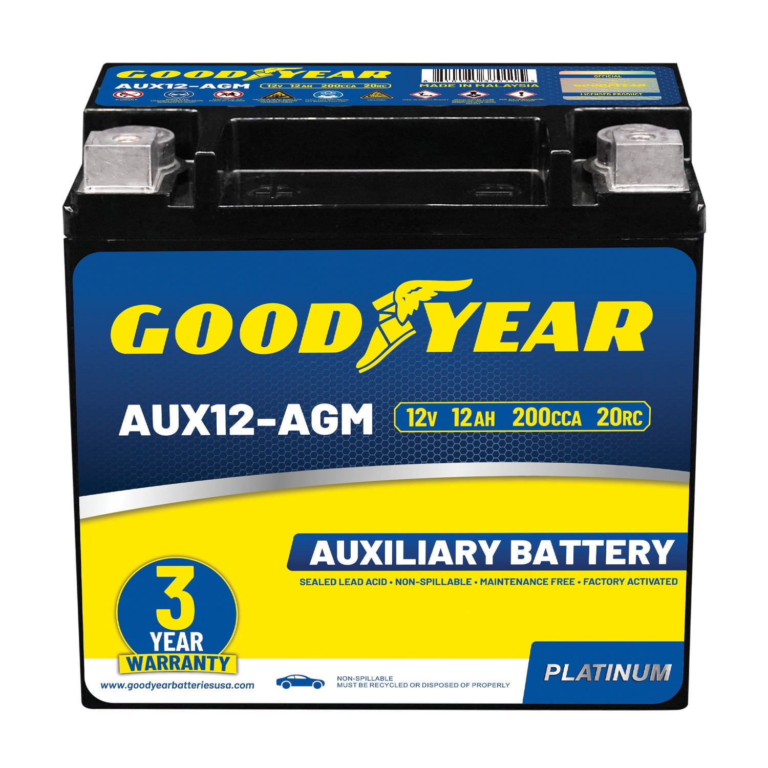 Goodyear AUX12-AGM BCI Group Size 401 12V 12 AH, 20RC, 200 CCA Platinum ...
