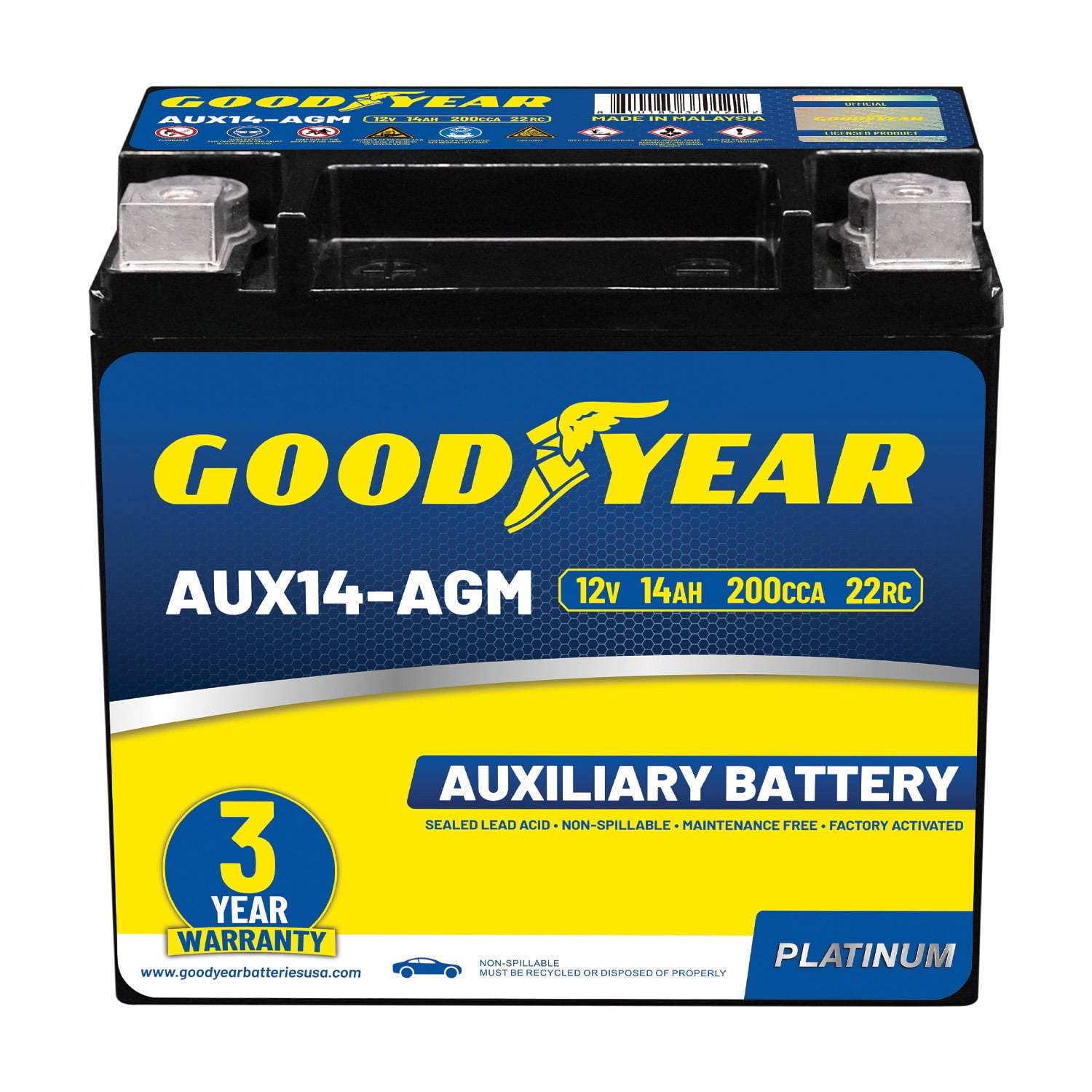 Goodyear AUX14-AGM Platinum Group Size 400 12V 14Ah 200 CCA Maintenance ...