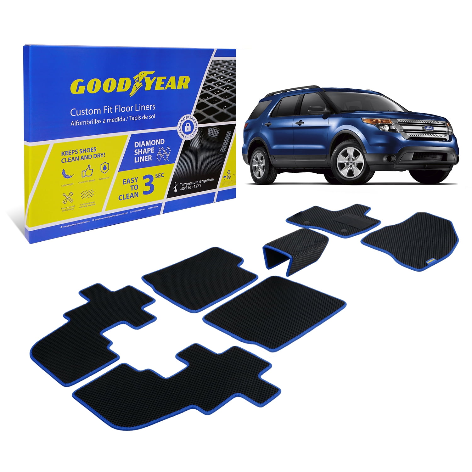 Goodyear Custom Fit Car Floor Liners for Ford Explorer 2011-2014, Black ...