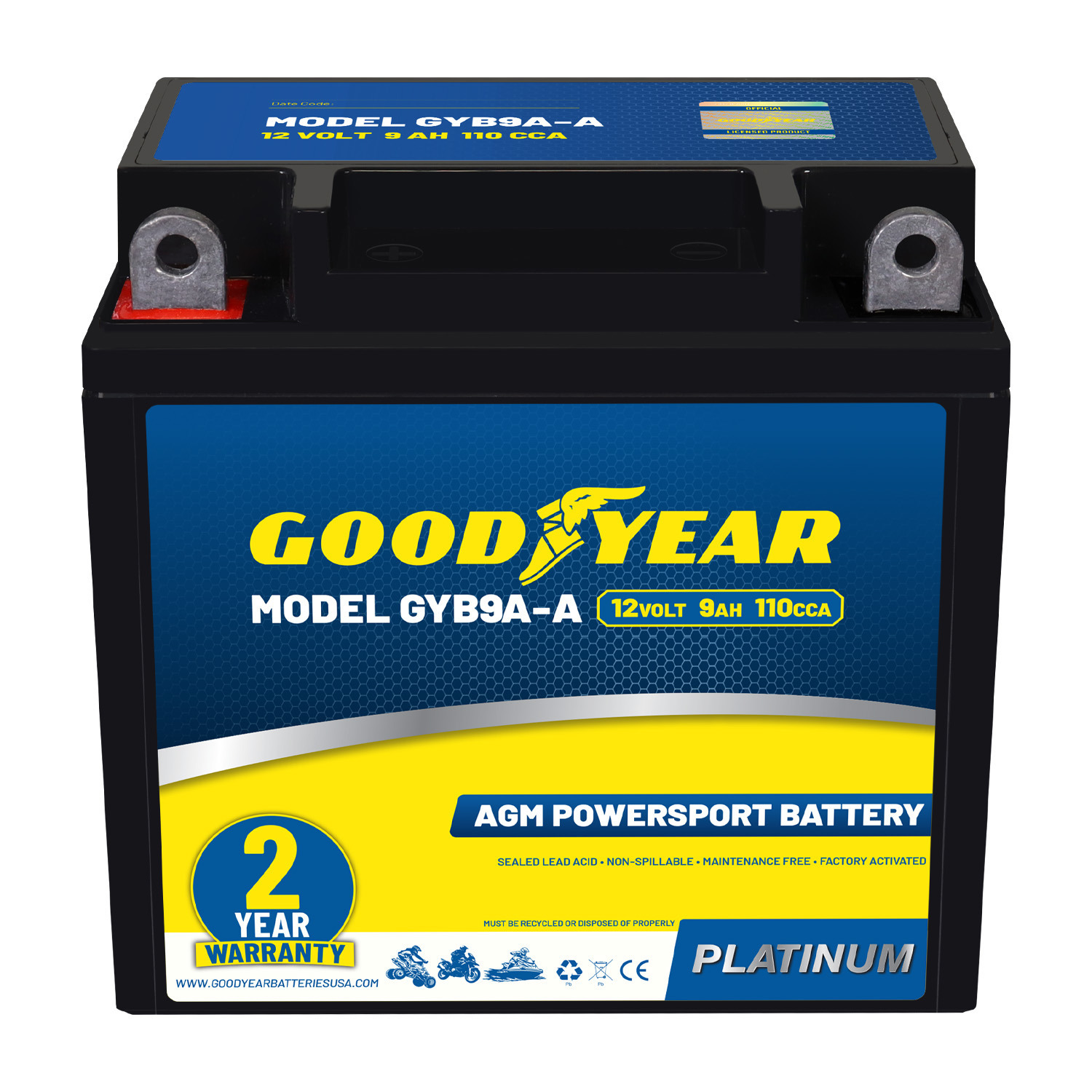 Goodyear GYB9A-A - 12 Volt 9 AH, 110 CCA, Rechargeable High-Performance ...