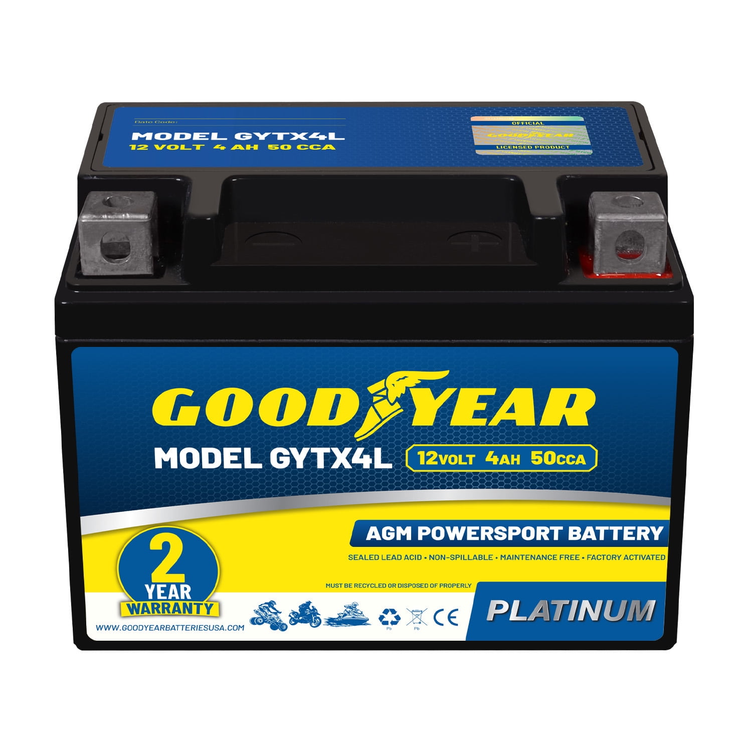 Goodyear GYTX4L - 12 Volt 4 AH, 50 CCA, Rechargeable High-Performance ...