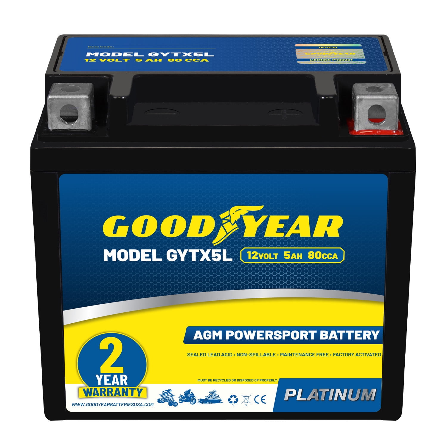 Goodyear GYTX5L - 12 Volt 5 AH, 80 CCA, Rechargeable High-Performance ...