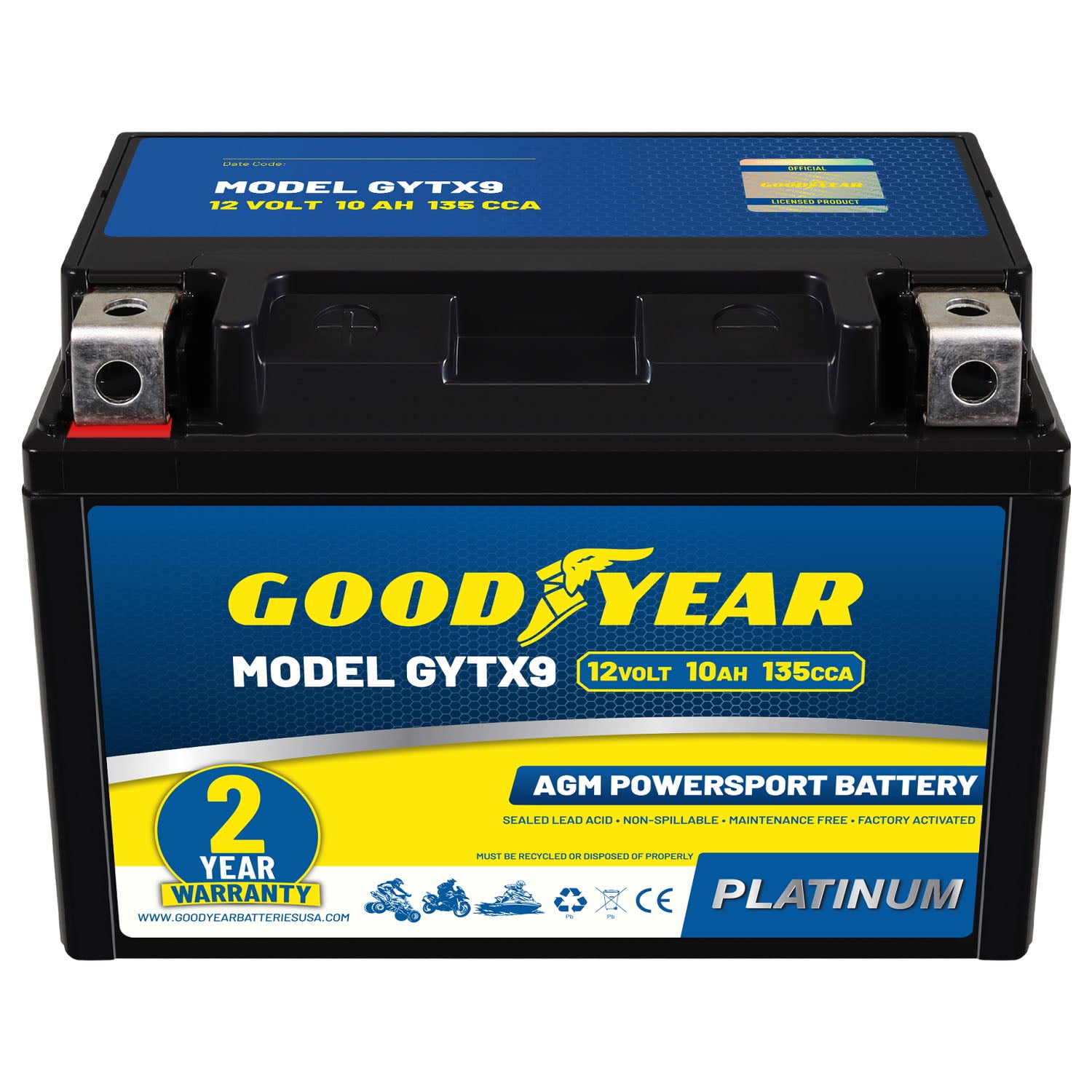 Goodyear GYTX9 - 12 Volt 10 AH, 135 CCA, Rechargeable High-Performance ...