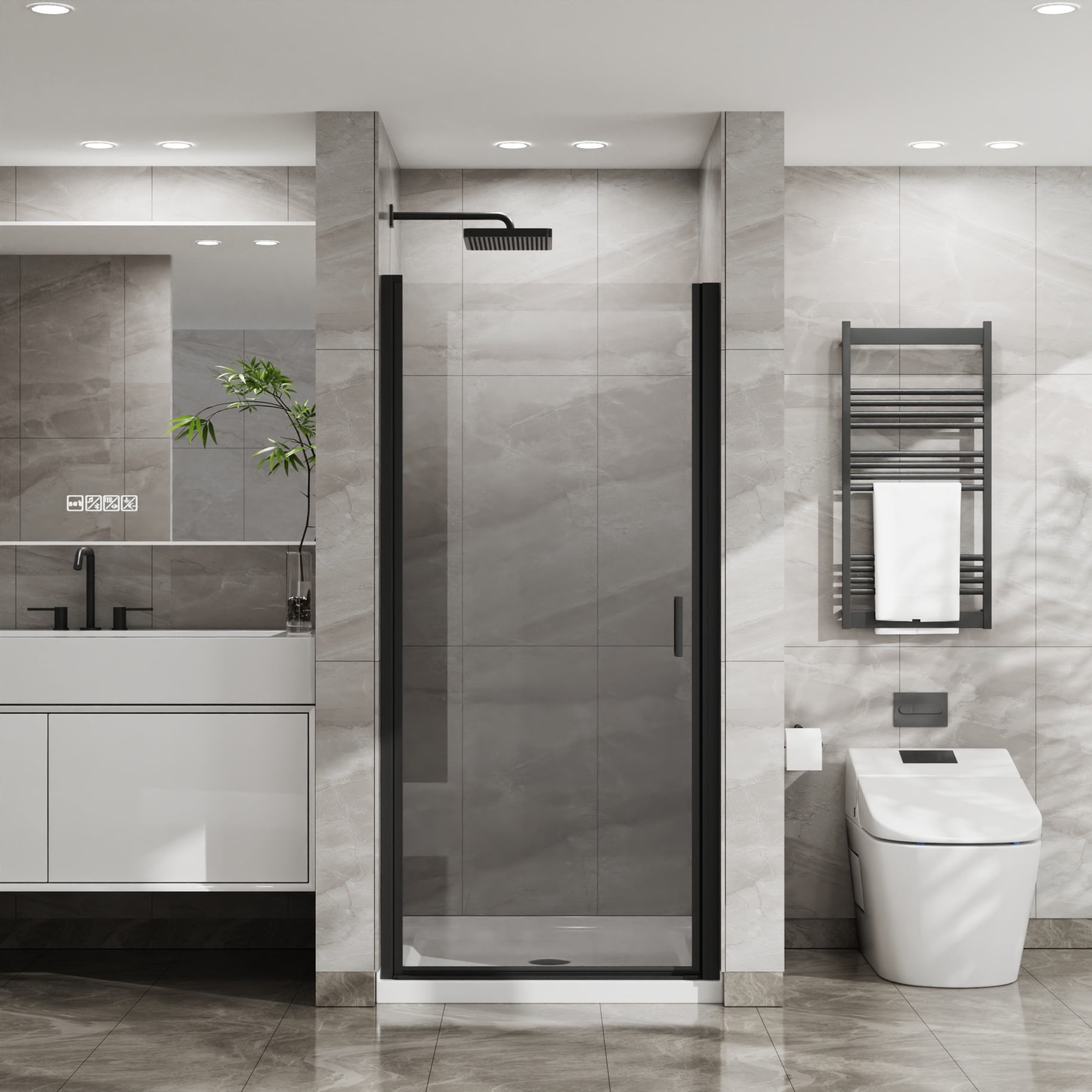 Goodyo 34x72 Semi-Frameless Pivot Shower Door with Black Aluminum Frame ...