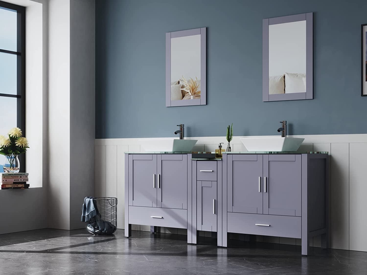 Goodyo 72" Gray Bathroom Vanity and Sink Combo Wood Bathroom Cabinet w ...