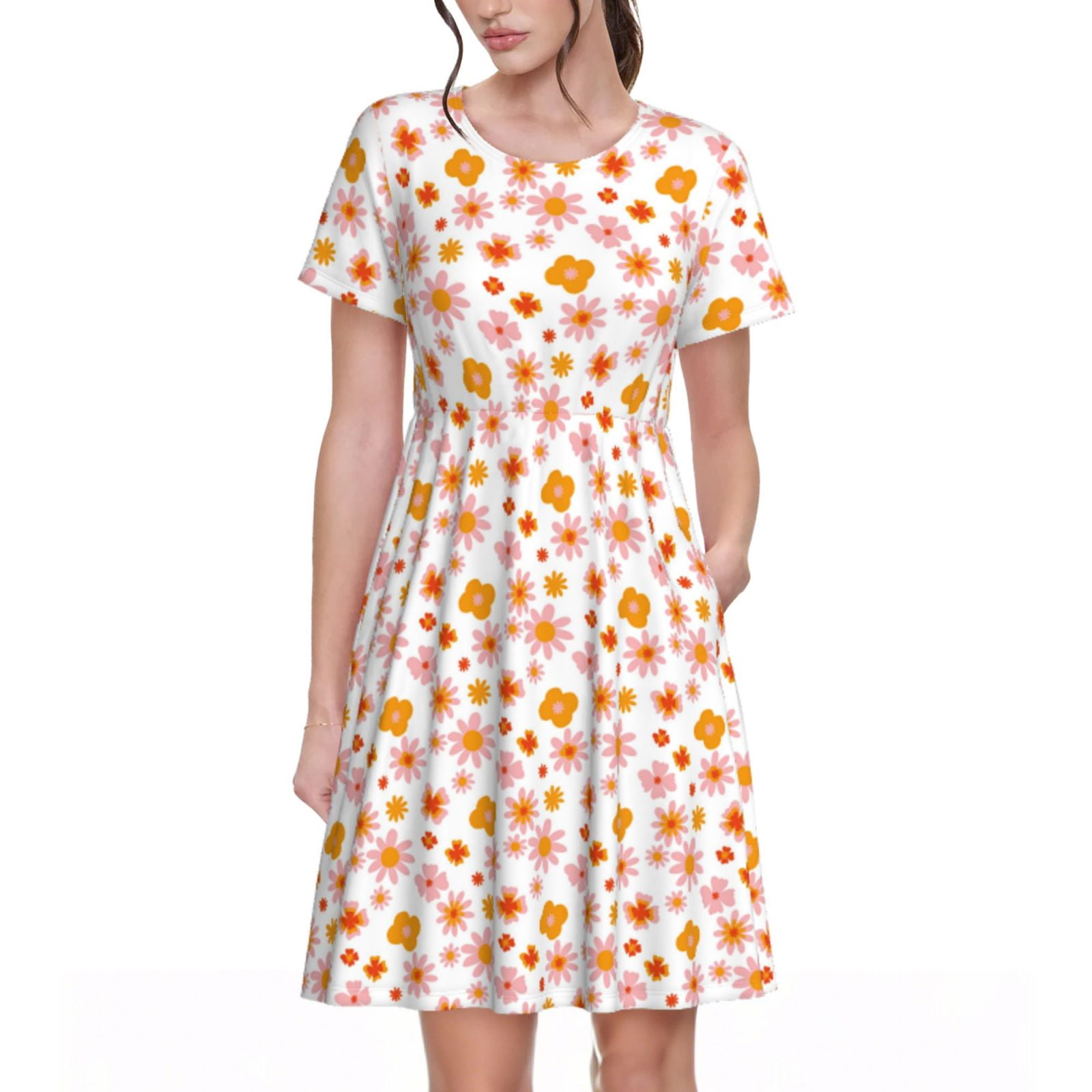 Goofa 70s Retro Flowers Pattern Women Summer Short Sleeve Midi Dress ...