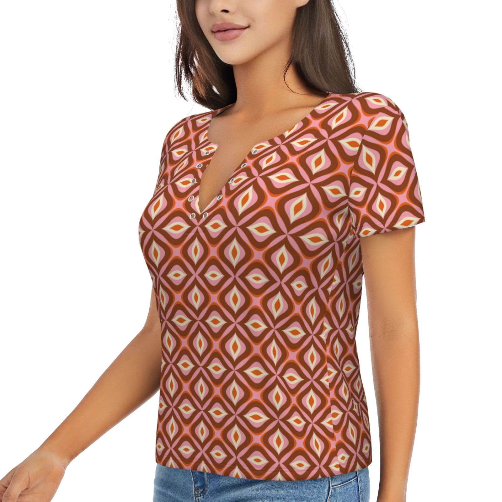 Goofa 70s Retro Style Pattern Womens Deep V Neck Low Cut Tops Casual ...
