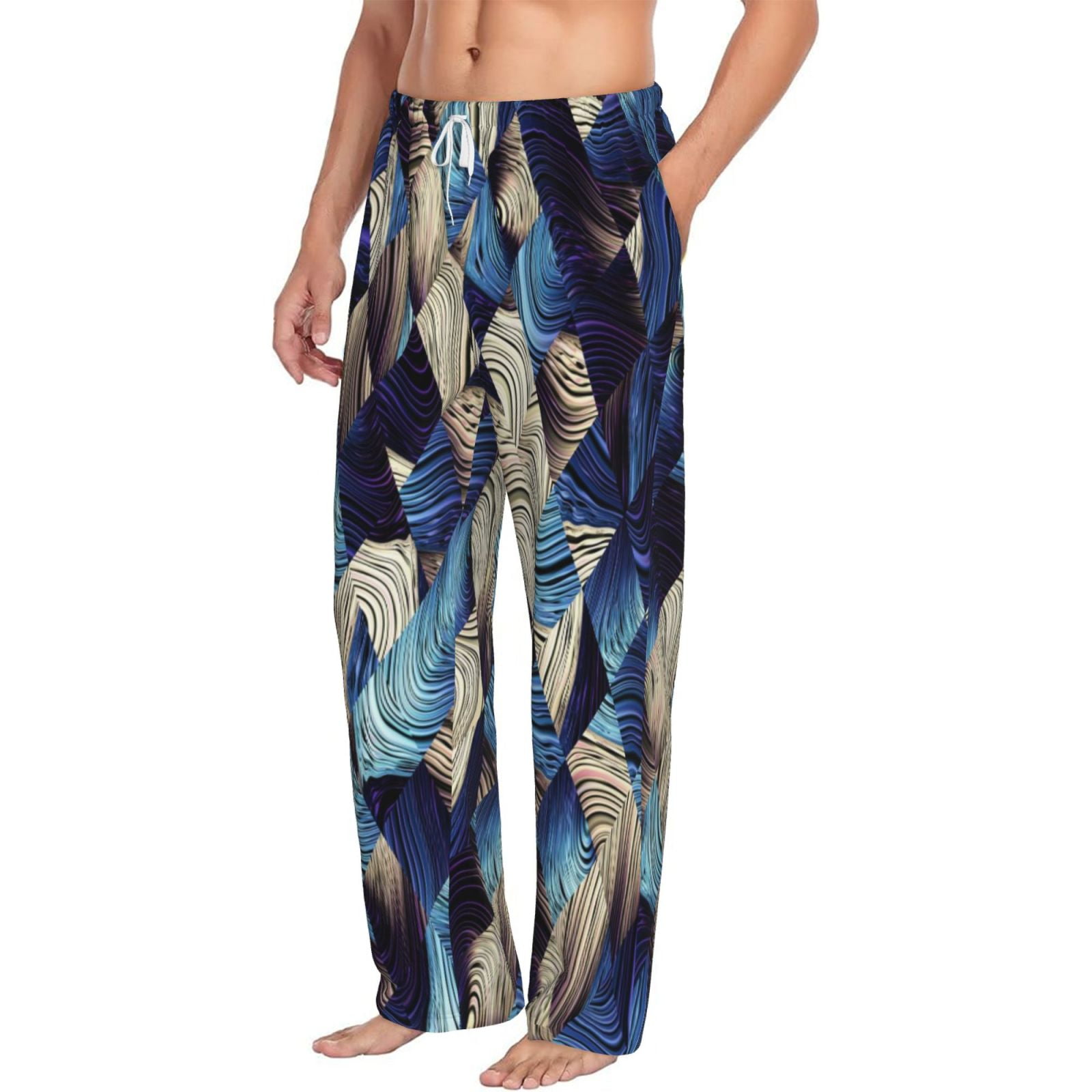 Goofa Abstract Blue Squares Printed Soft Pajama Pants for Men, Wide Leg ...