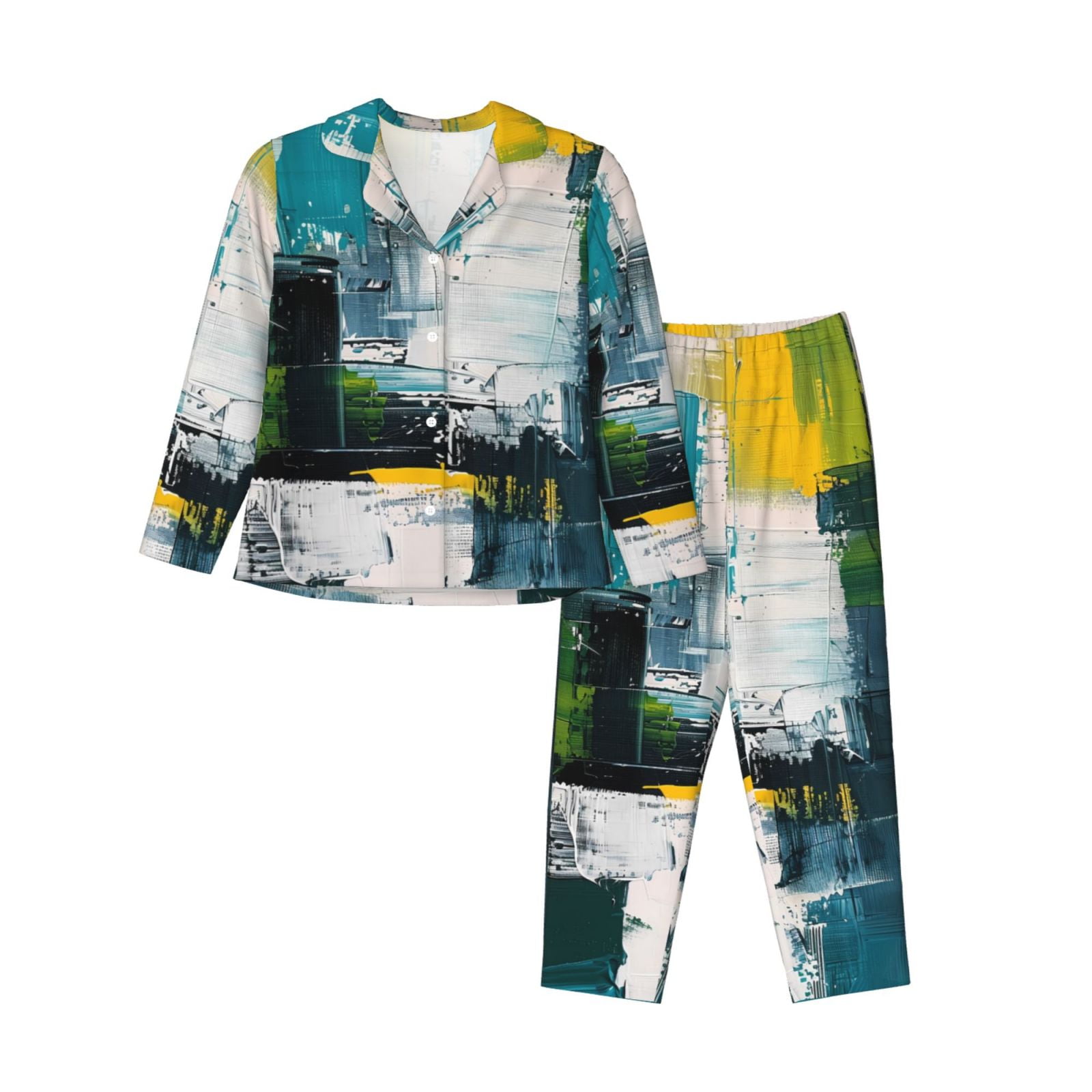 Goofa Abstract Brushstrokes Green Blue Printed Women’s 2 Piece Pajama ...