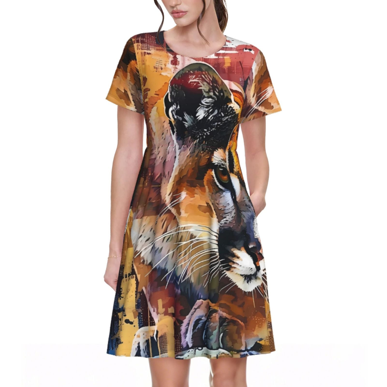 Goofa Abstract Lion Painting Pattern Women Summer Short Sleeve Midi ...