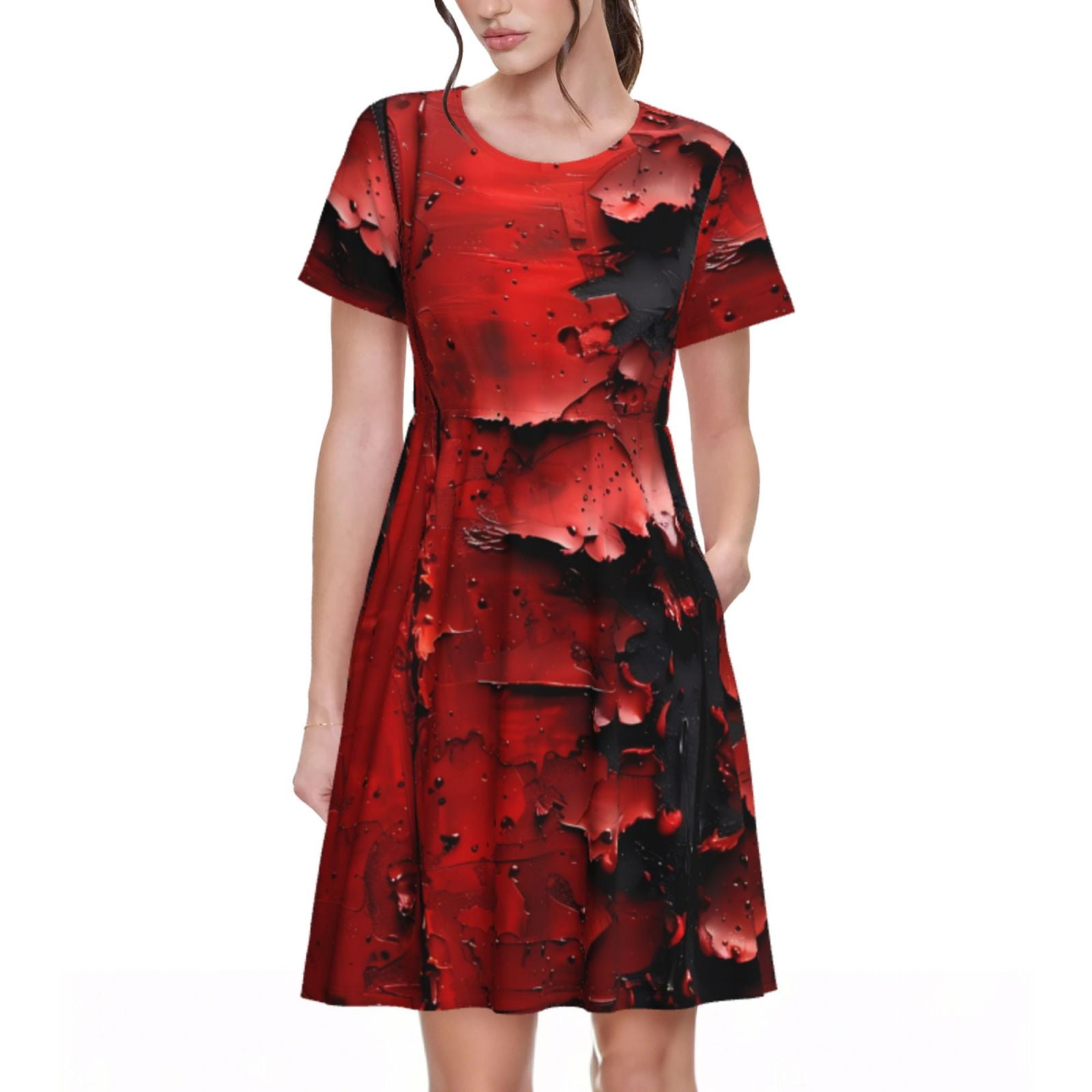 Goofa Abstract Red Textured Canvas Pattern Women Summer Short Sleeve ...