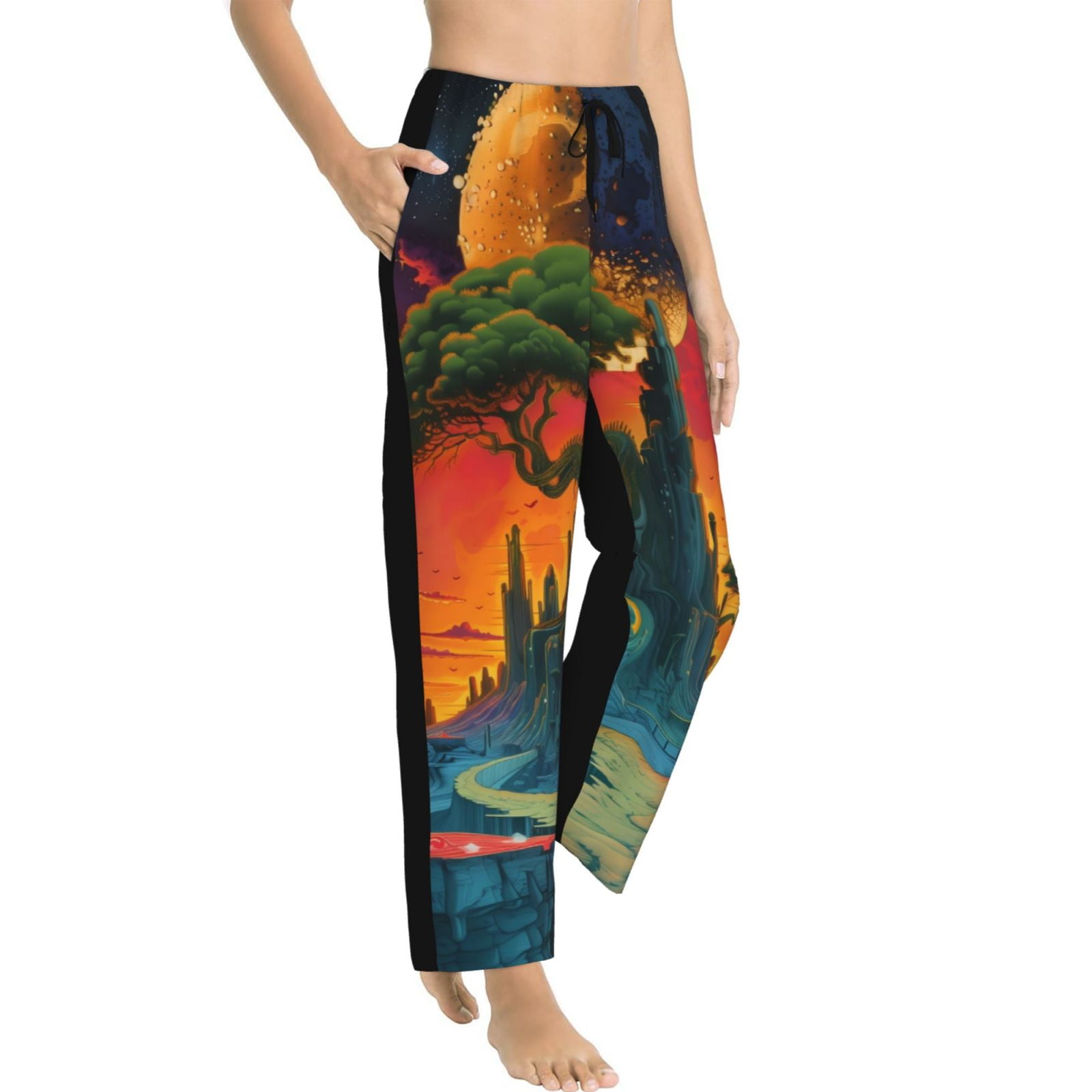 Goofa Abstract Tree Castle Printed Soft Pajama Pants for Women, Wide ...