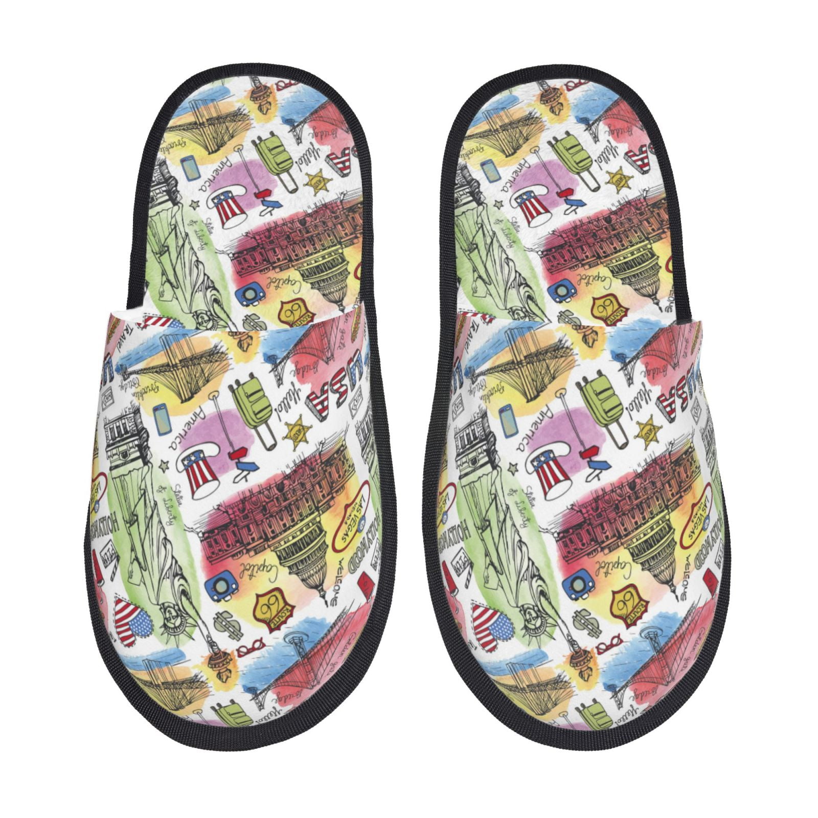 Goofa America Landmarks1 Pattern Plush Furry Slippers for Men & Women ...
