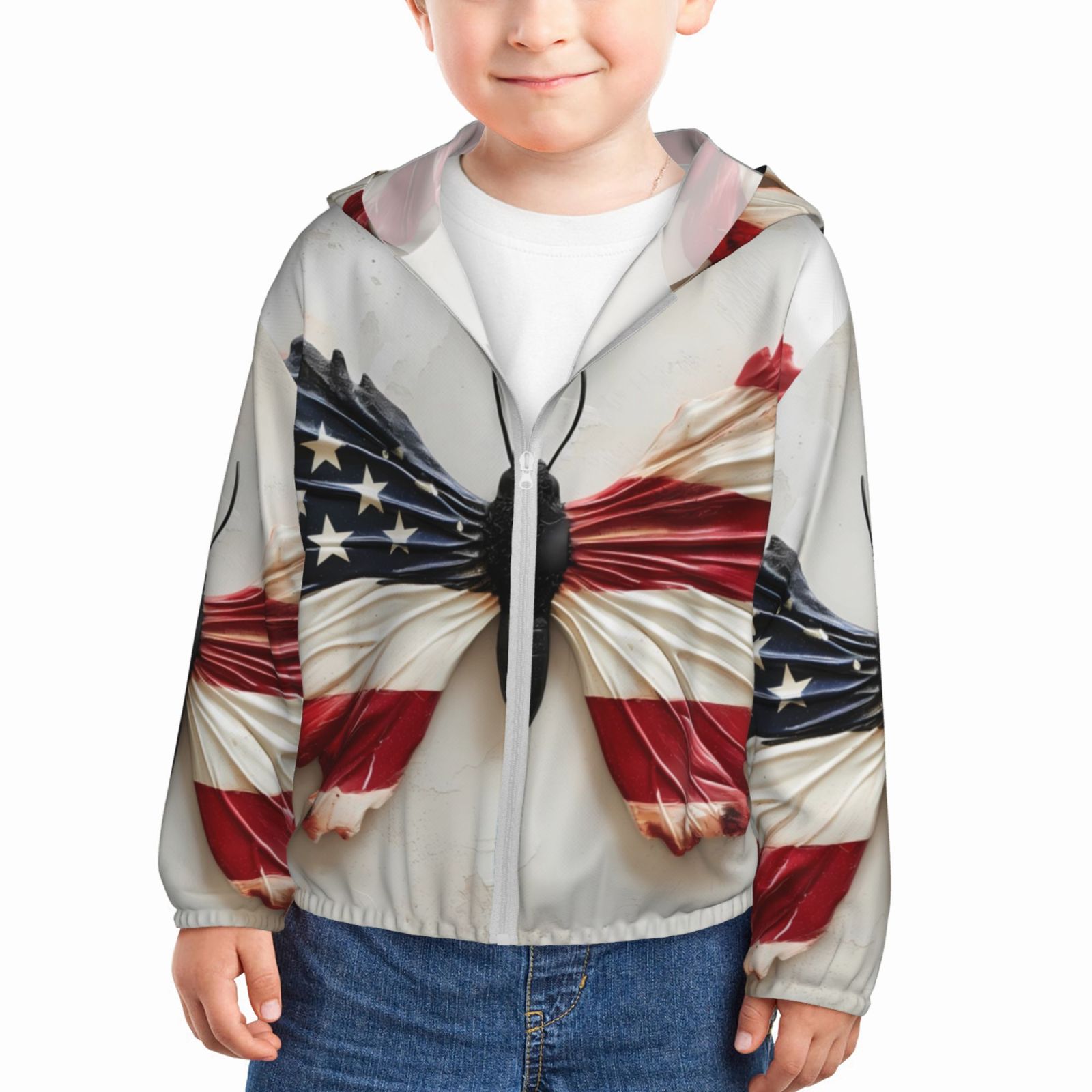Goofa American Flag Butterfly Wall Printed Kids Zip-Up Hoodie Girls Boys UPF50+ Sun Protection ...