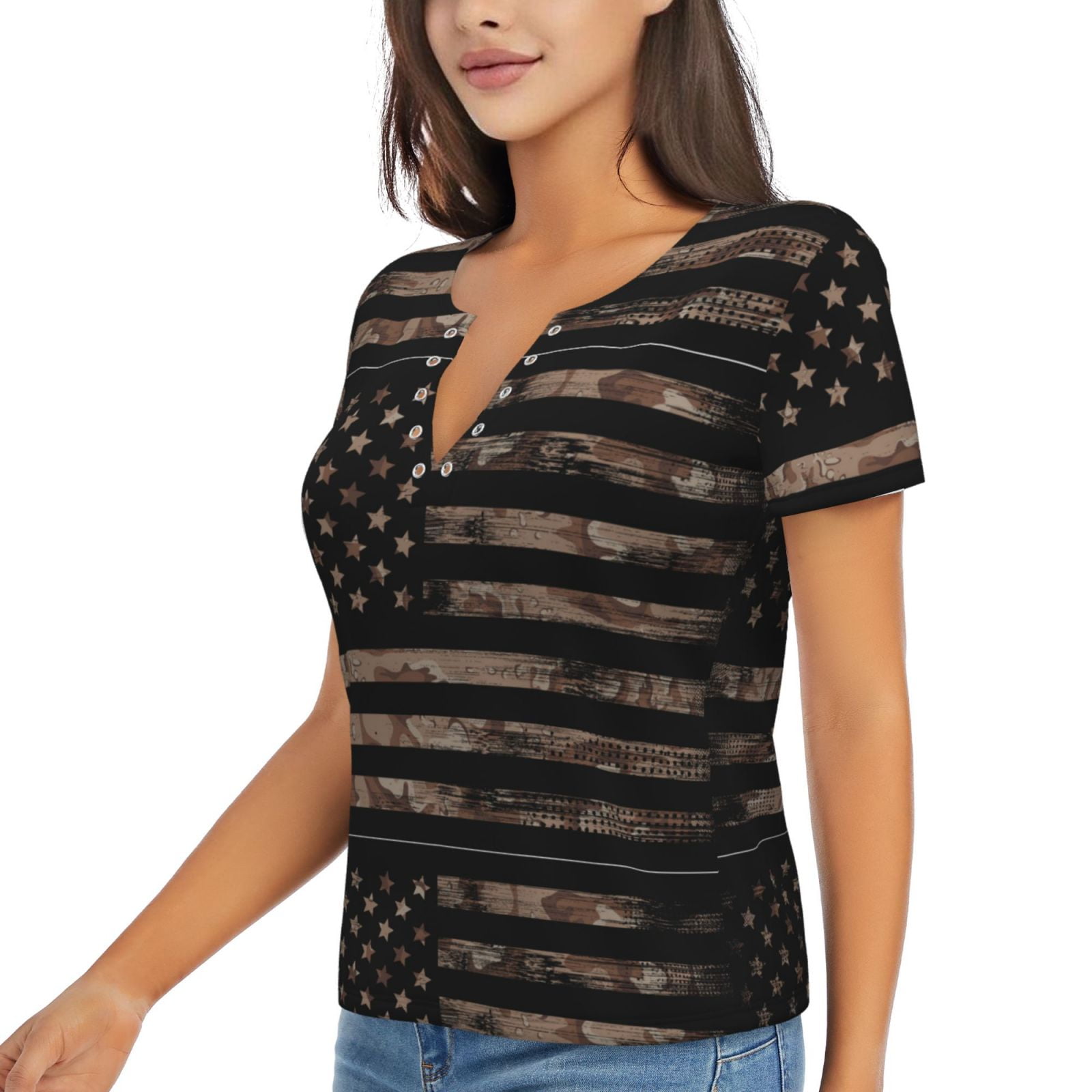 Goofa American Flag with Desert Camouflage Pattern Womens Deep V Neck ...