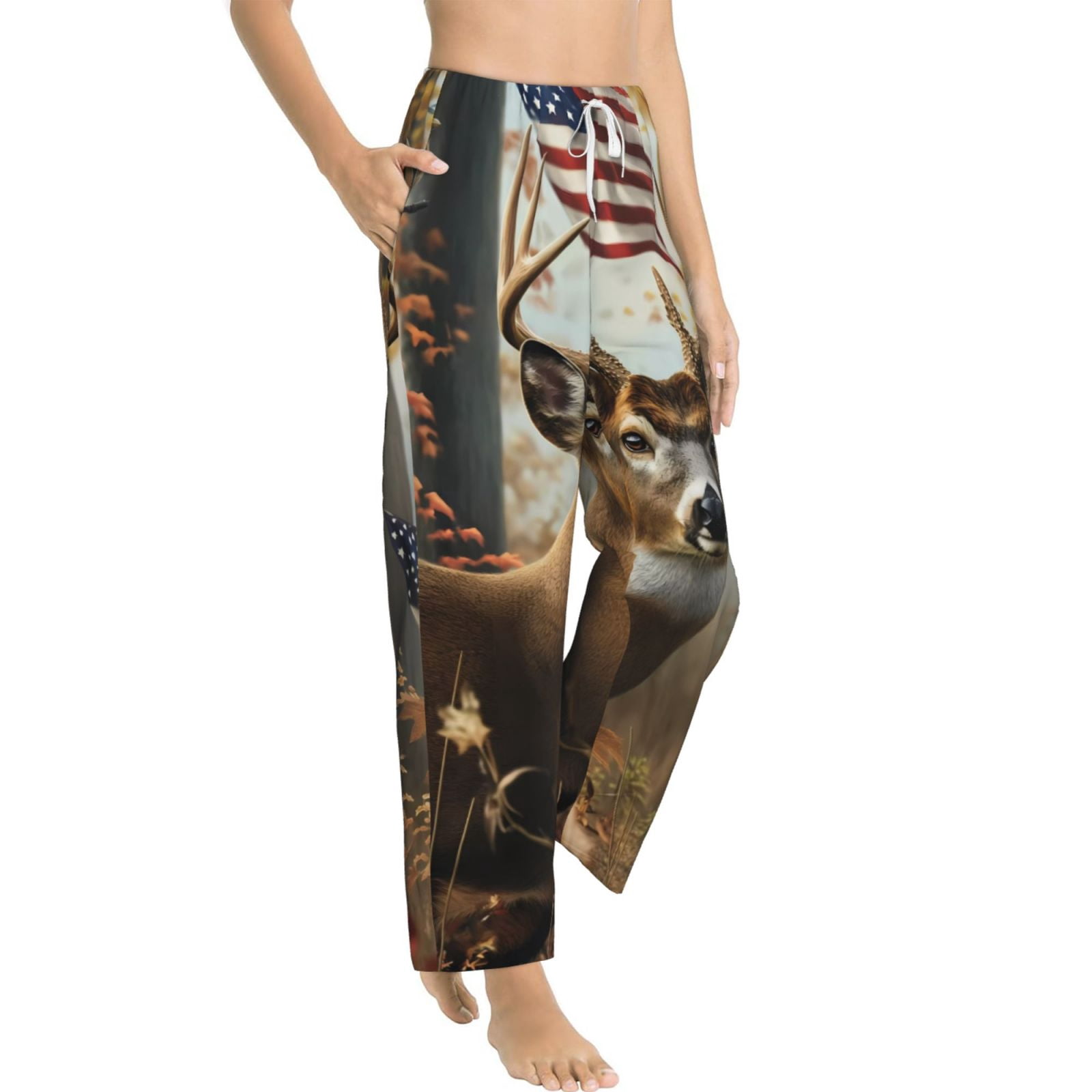Goofa American Wildlife Deer Forest Printed Soft Pajama Pants for Women ...