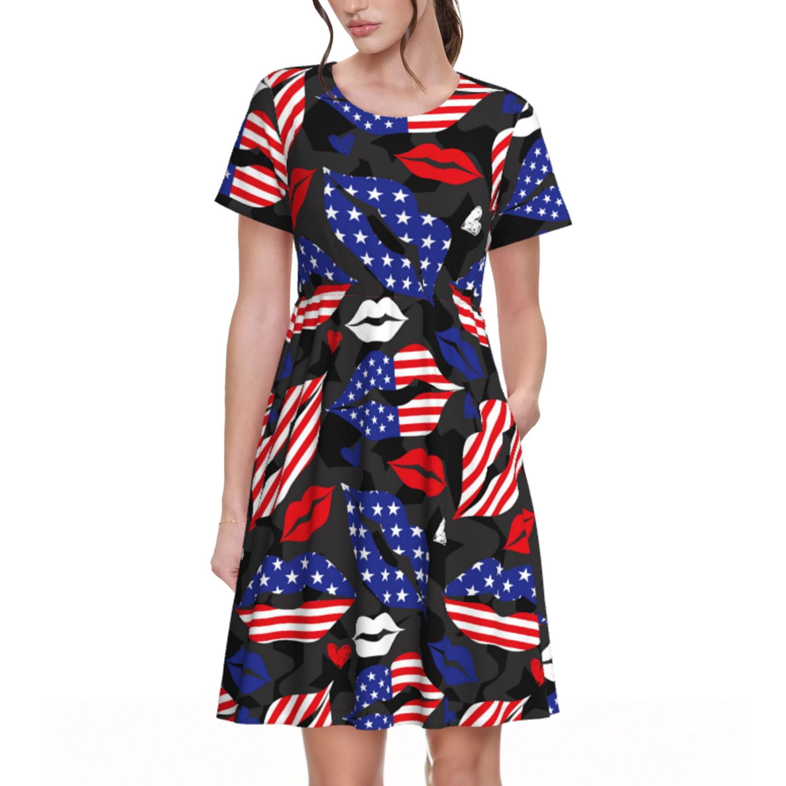 Goofa American With Lips Pattern Women Summer Short Sleeve Midi Dress ...