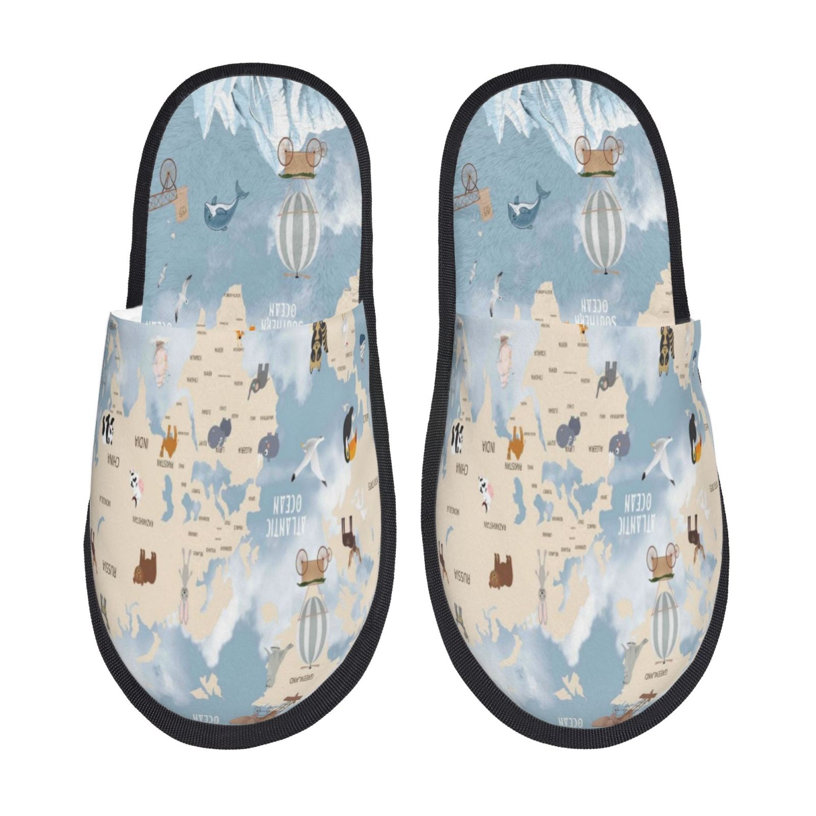 Goofa Animals Travel World Map Pattern Plush Furry Slippers for Men ...