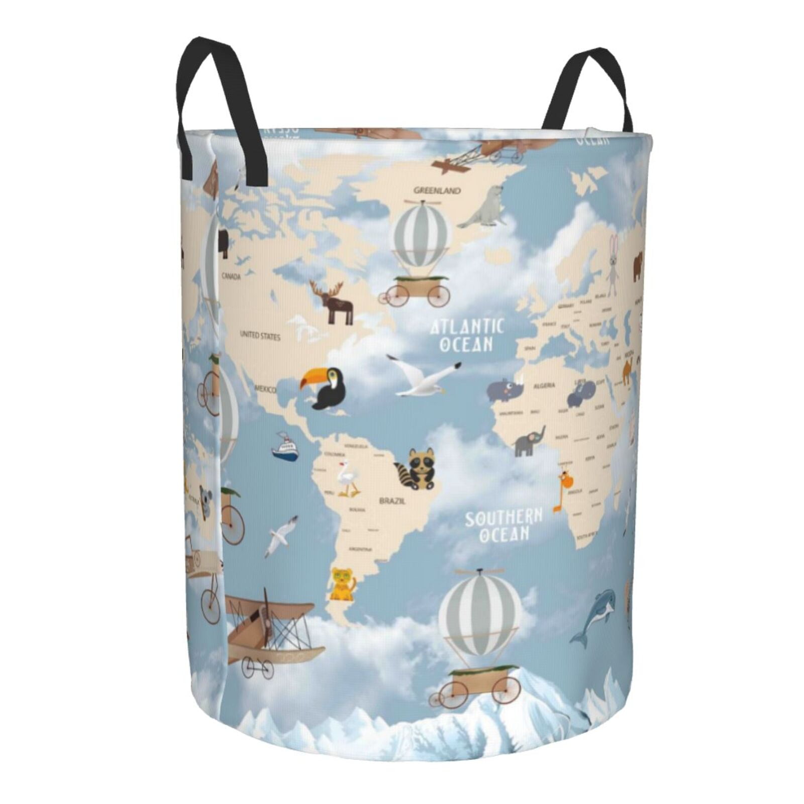 Goofa Animals Travel World Map Printed Circular Hamper,Laundry Basket ...