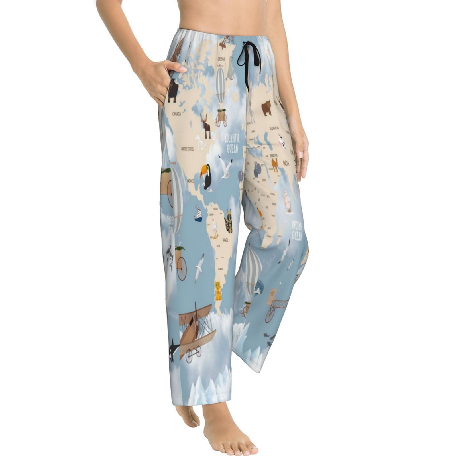 Goofa Animals Travel World Map Printed Soft Pajama Pants for Women ...