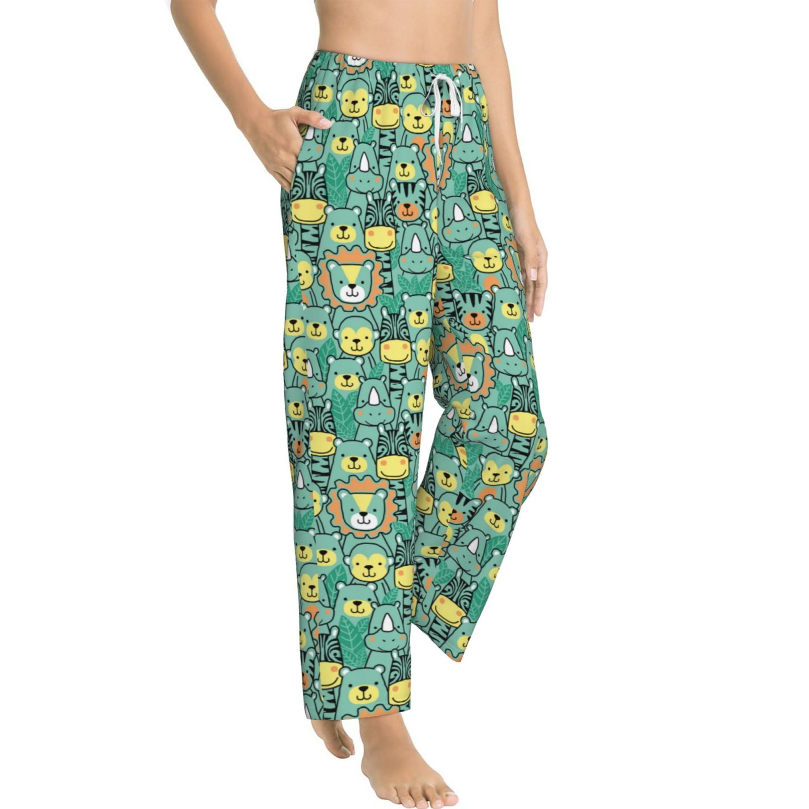 Goofa Animals with Leaf Printed Soft Pajama Pants for Women, Wide Leg ...