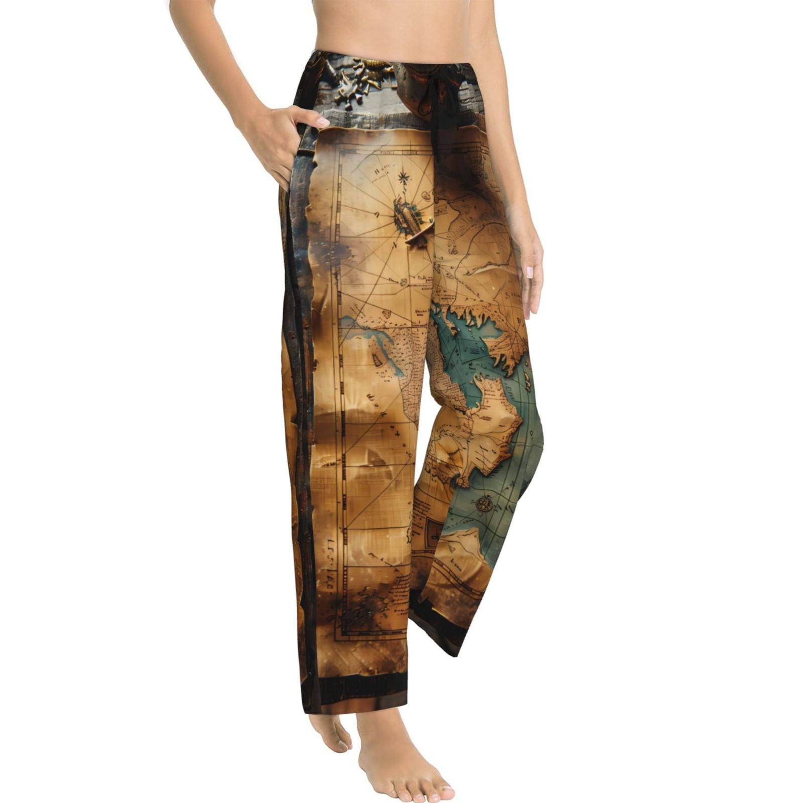 Goofa Antique Map Adventure Scene Printed Soft Pajama Pants for Women ...