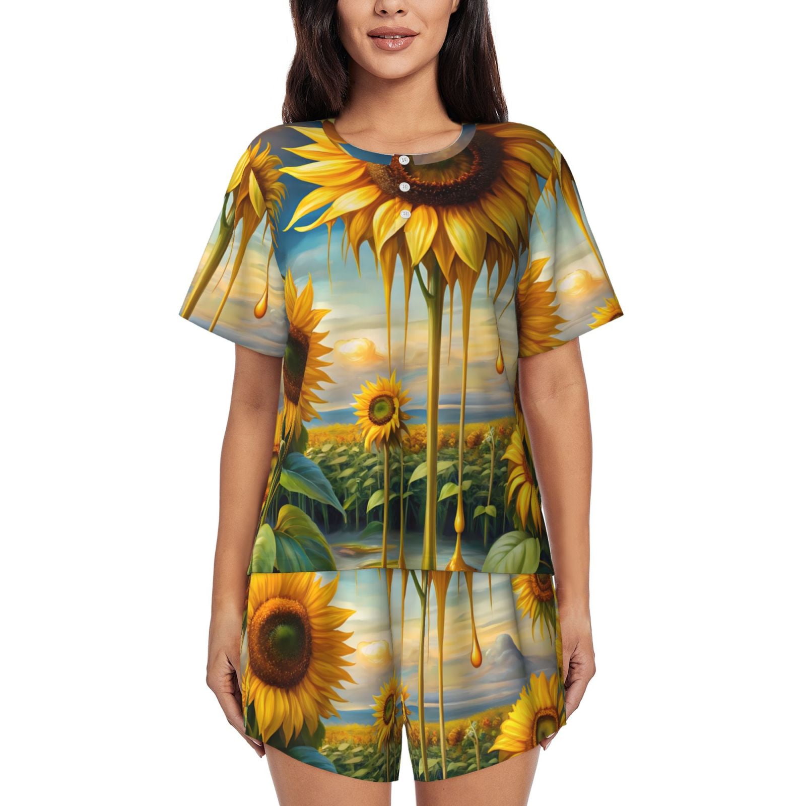 Goofa Artistic Oil Painting Sunflower for Womens Cotton 2 Piece Pajamas ...