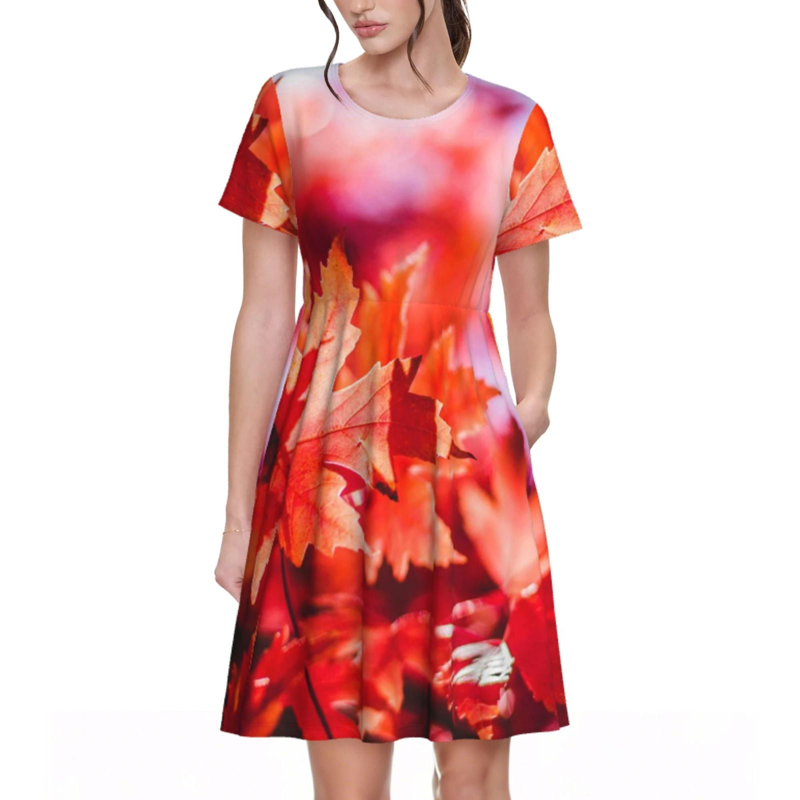 Goofa Autumn Maple Leaves Pattern Women Summer Short Sleeve Midi Dress ...