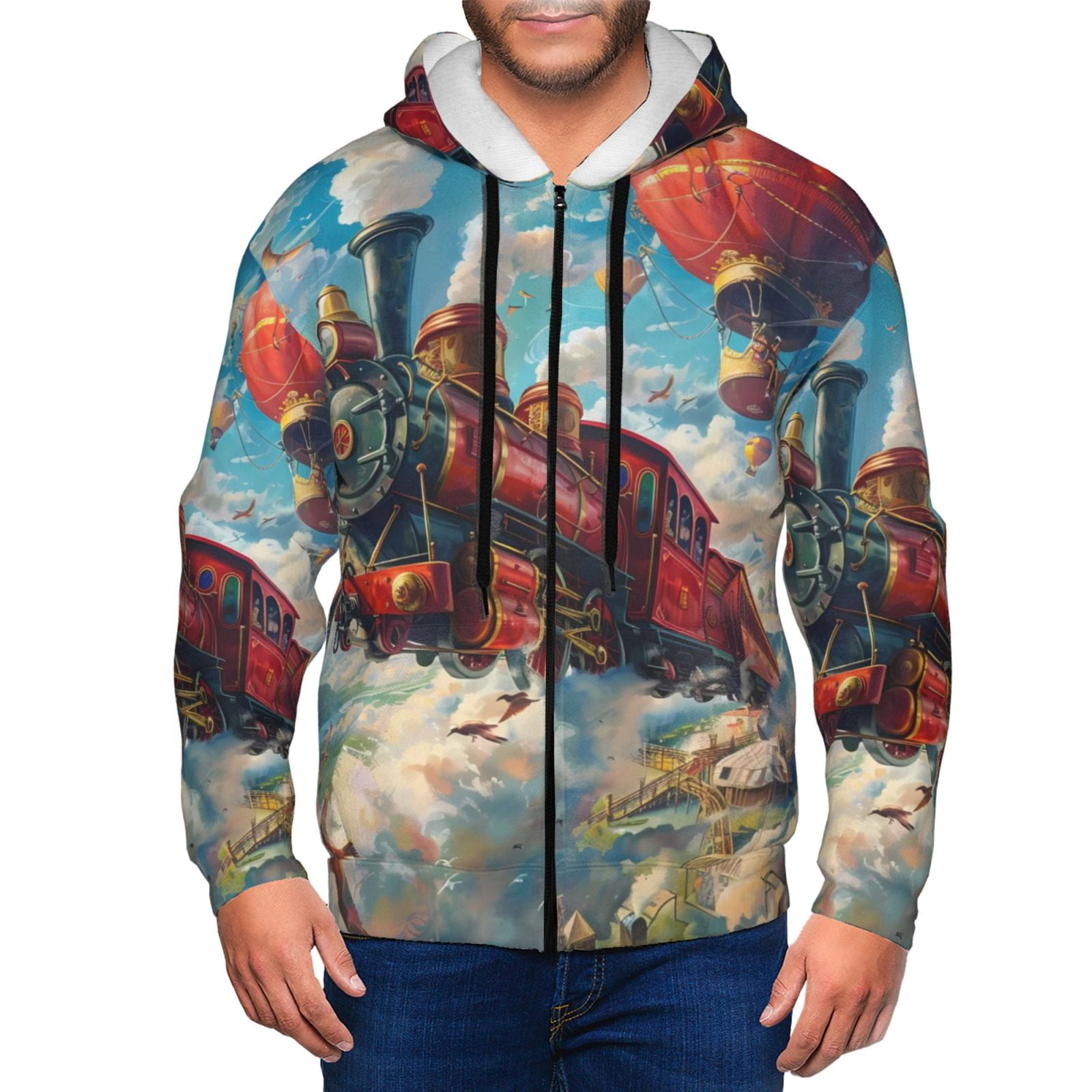 Goofa Beautiful Red Train Hot Air Balloon Pattern Mens Full-zip Hoodie ...