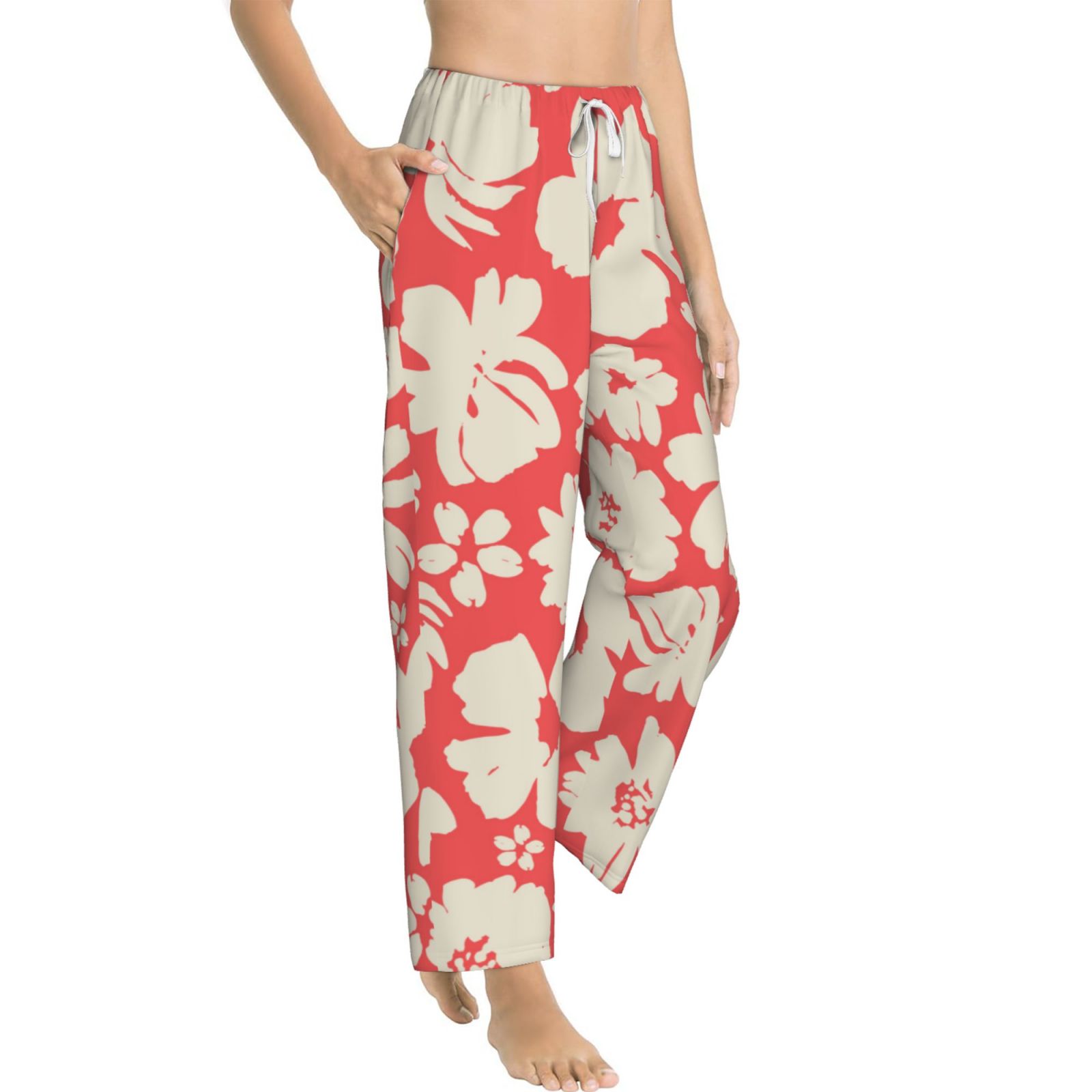 Goofa Beige Flowers Printed Soft Pajama Pants for Women, Wide Leg Comfy ...
