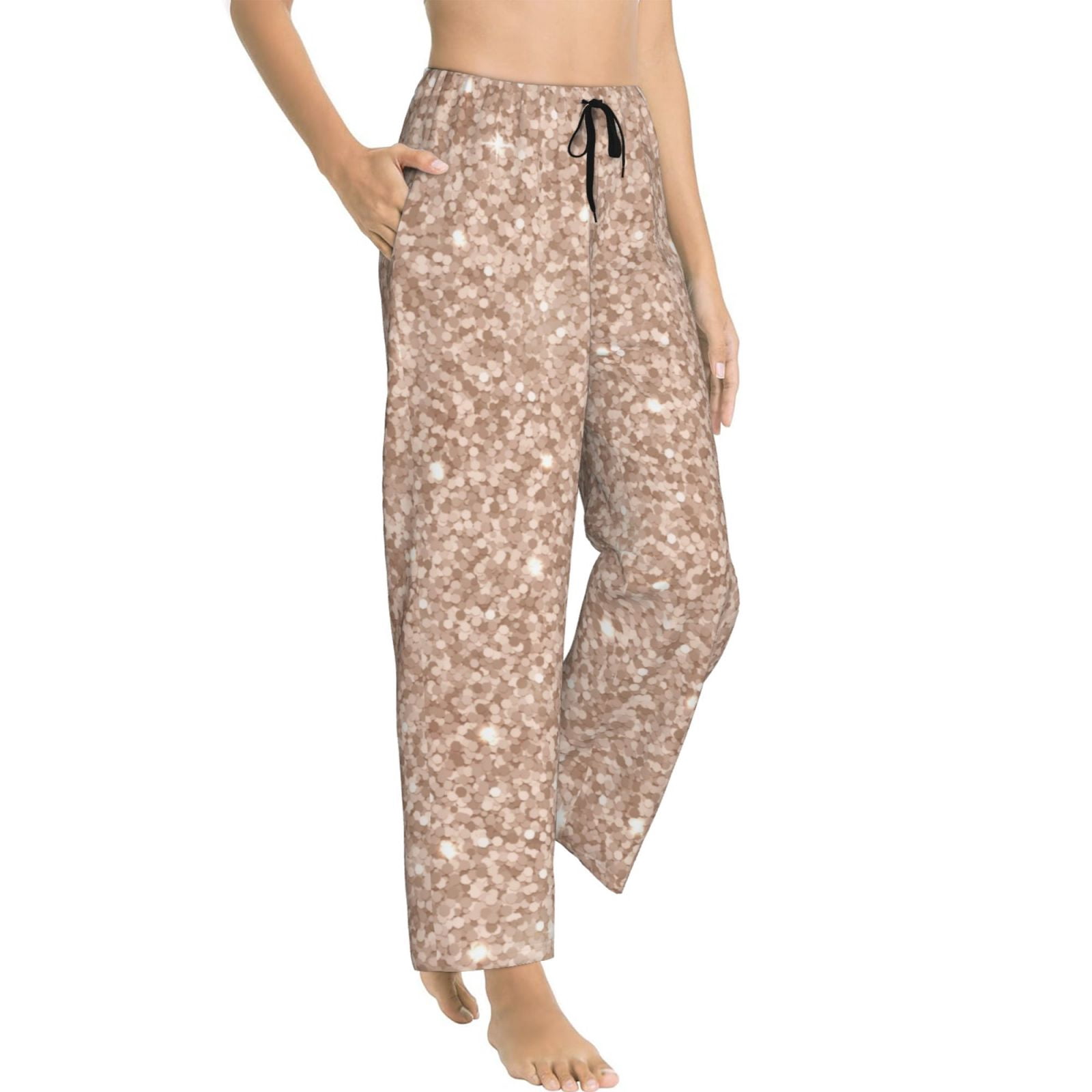 Goofa Beige Sparkling Glitter Printed Soft Pajama Pants for Women, Wide ...